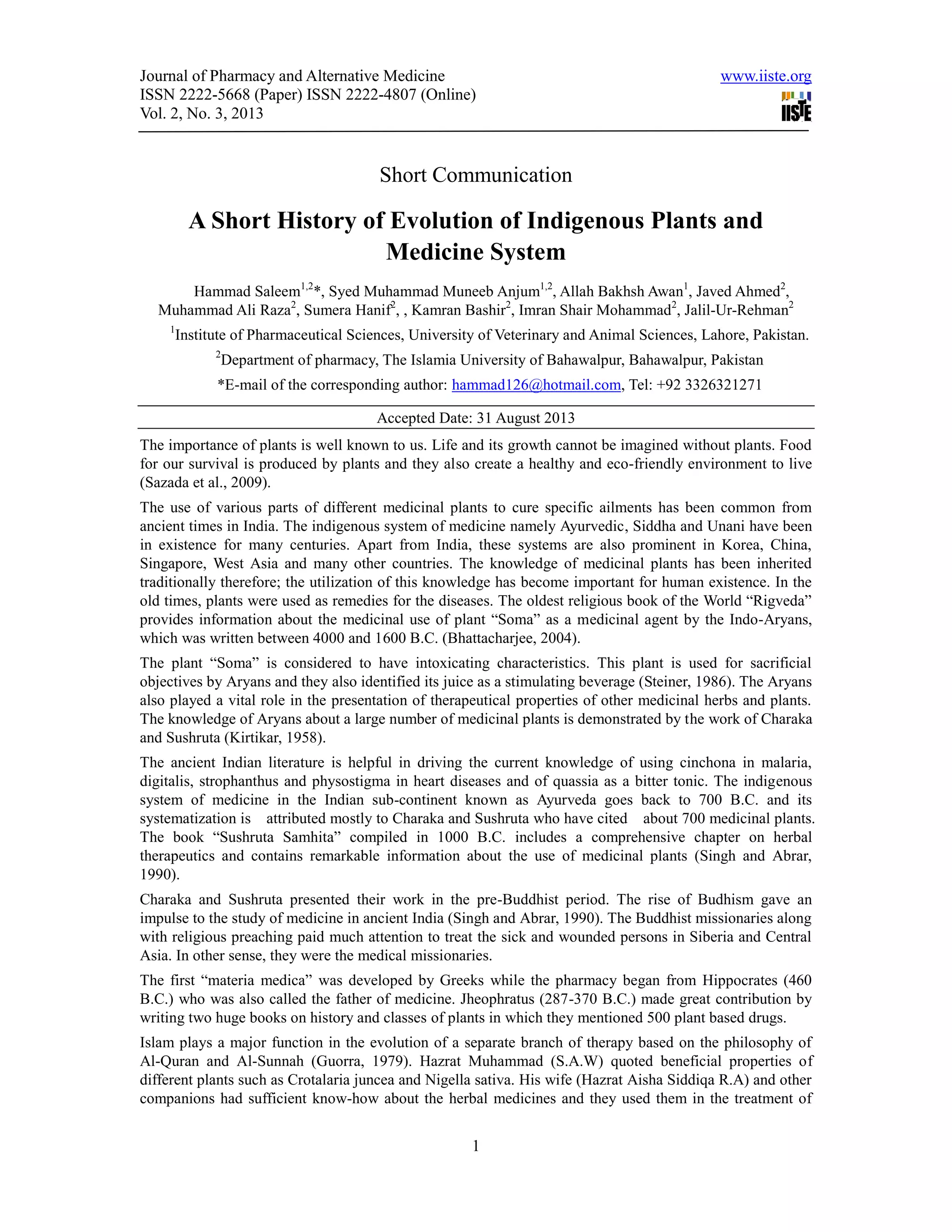 A short history of evolution of indigenous plants and medicine system | PDF