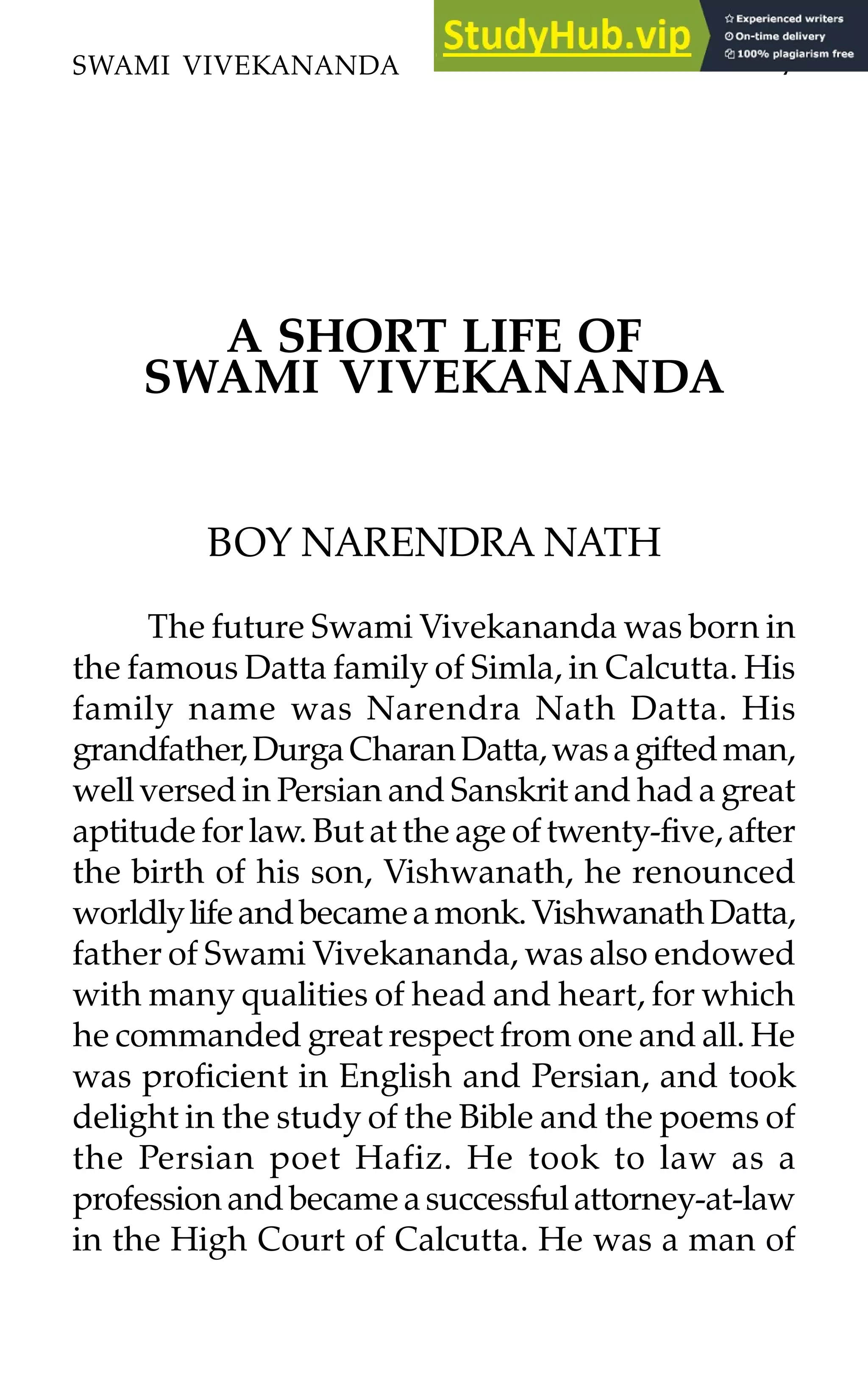 A SHORT LIFE OF SWAMI VIVEKANANDA SWAMI TEJASANANDA | PDF
