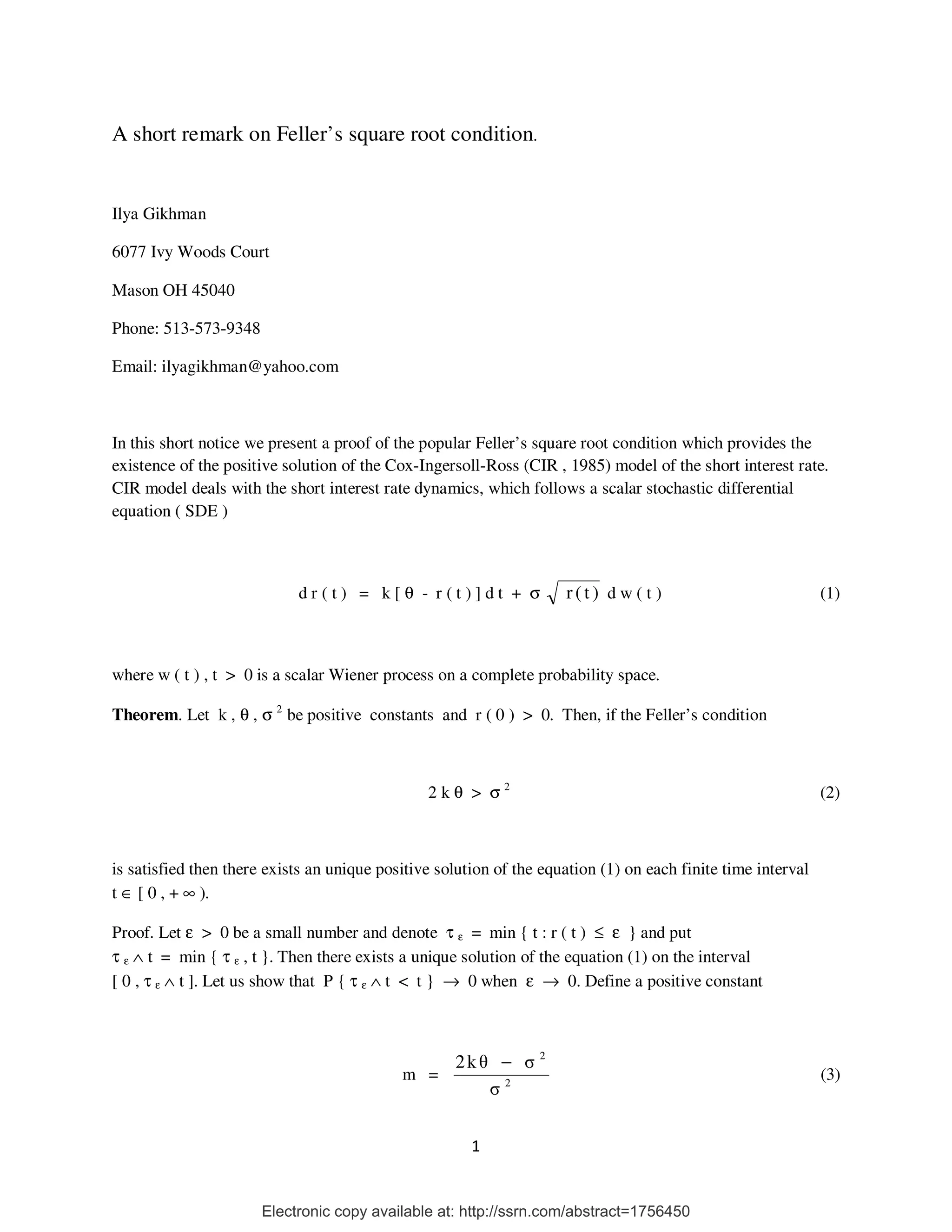 A short remark on Feller’s square root condition. | PDF
