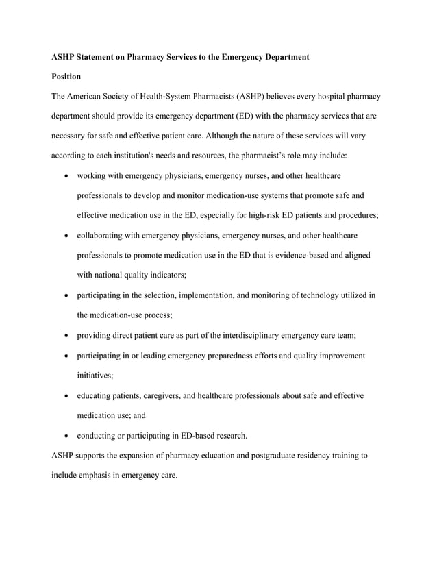 Ashp statement on pharmacy service to the emergency departement N.61