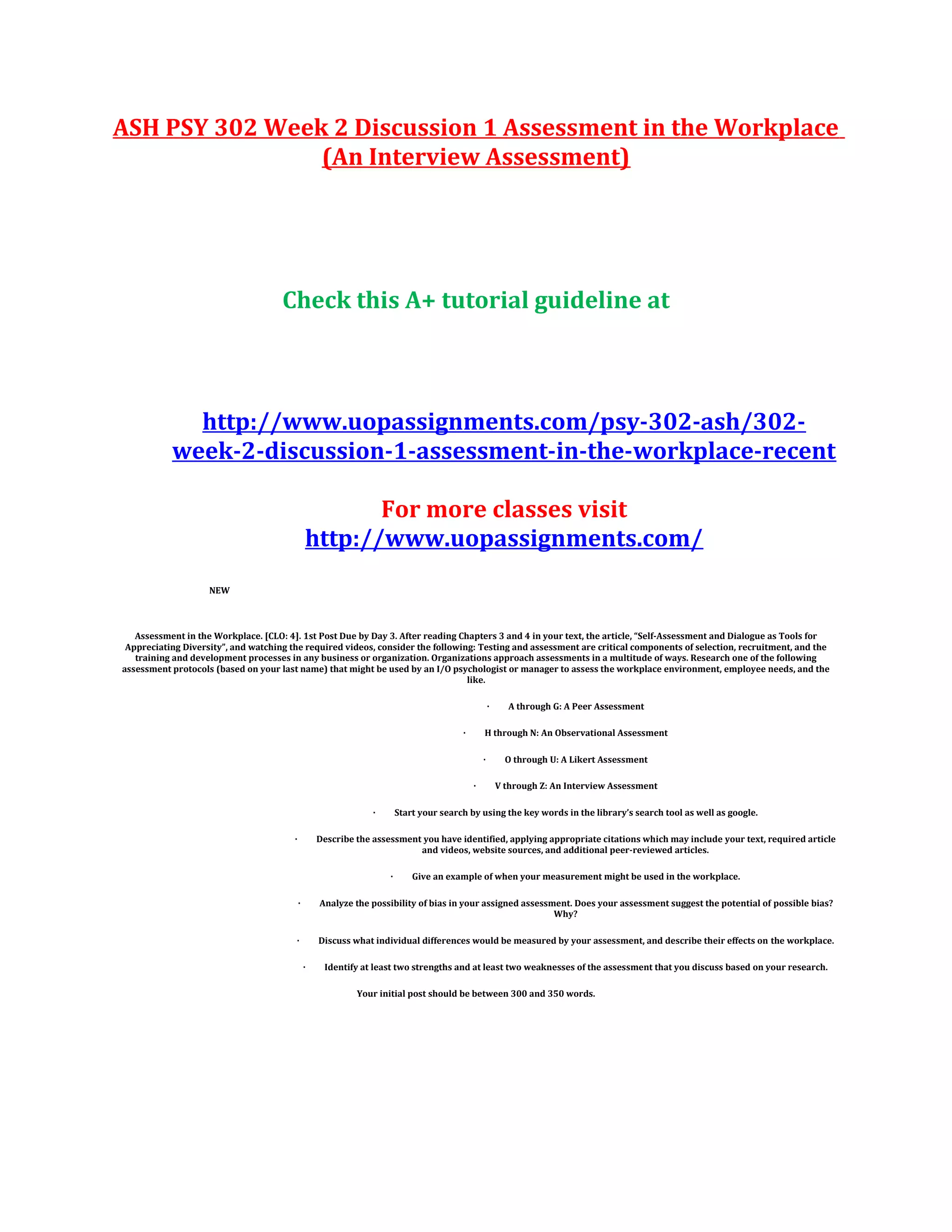 Ash psy 302 week 2 discussion 1 assessment in the workplace | PDF