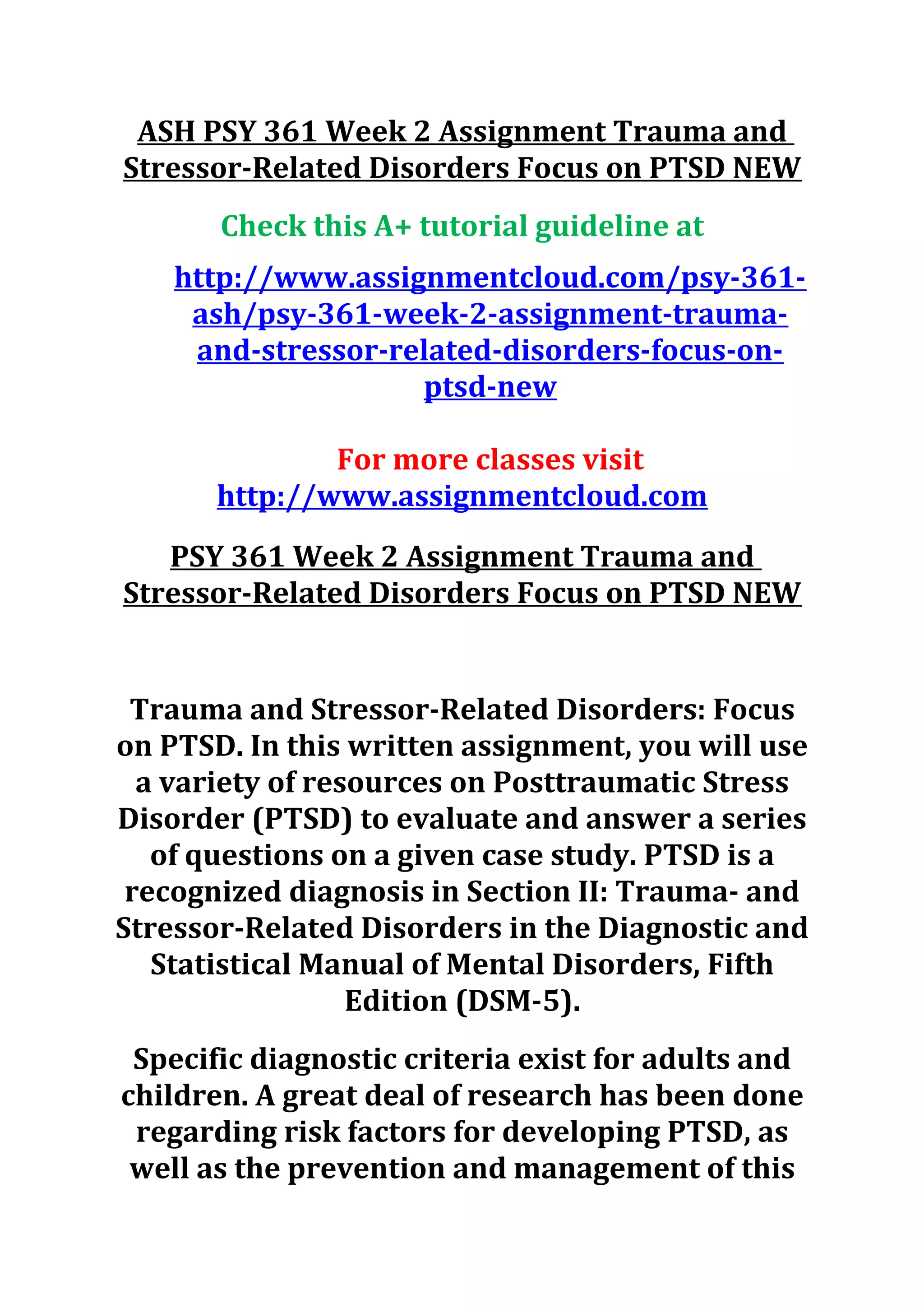 Ash psy 361 week 2 assignment trauma and stressor | DOC