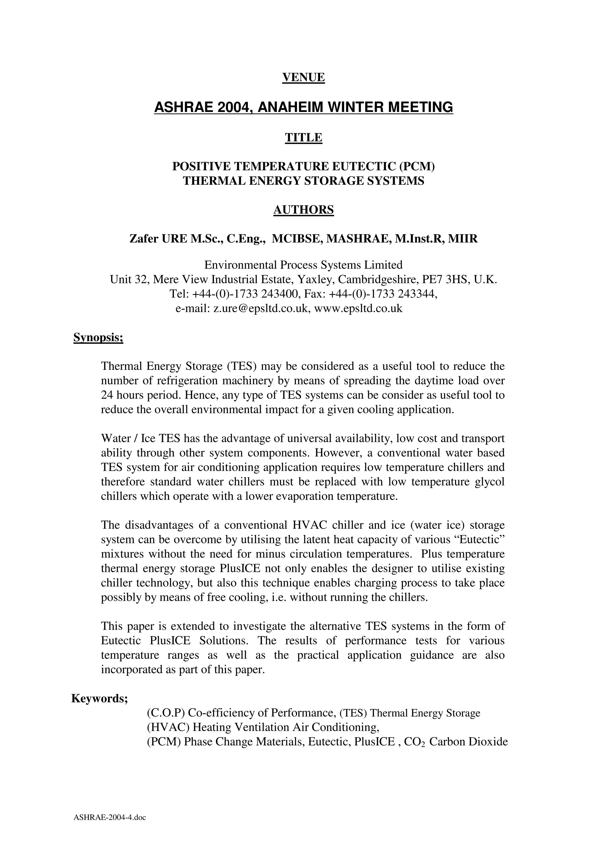 PCM Thermal Energy Storage Systems; Ashrae 2004 Conference Paper | PDF