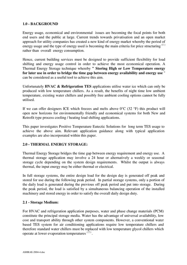 PCM Thermal Energy Storage Systems; Ashrae 2004 Conference Paper | PDF