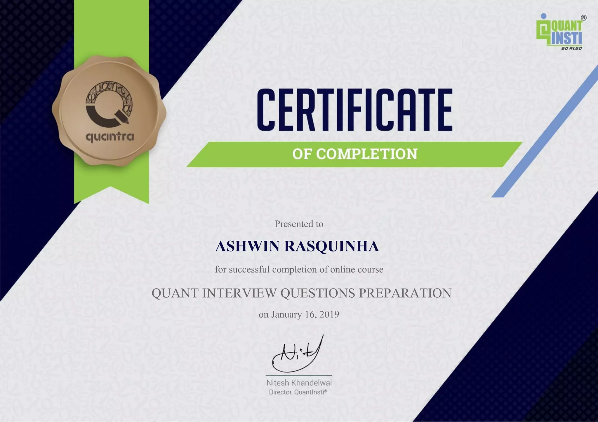 Ashwin rasquinha quant interview questions preparation certificate | PDF