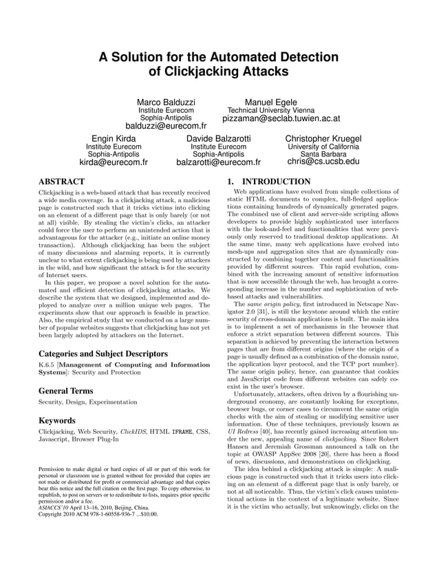 Paper: A Solution for the Automated Detection of Clickjacking Attacks | PDF