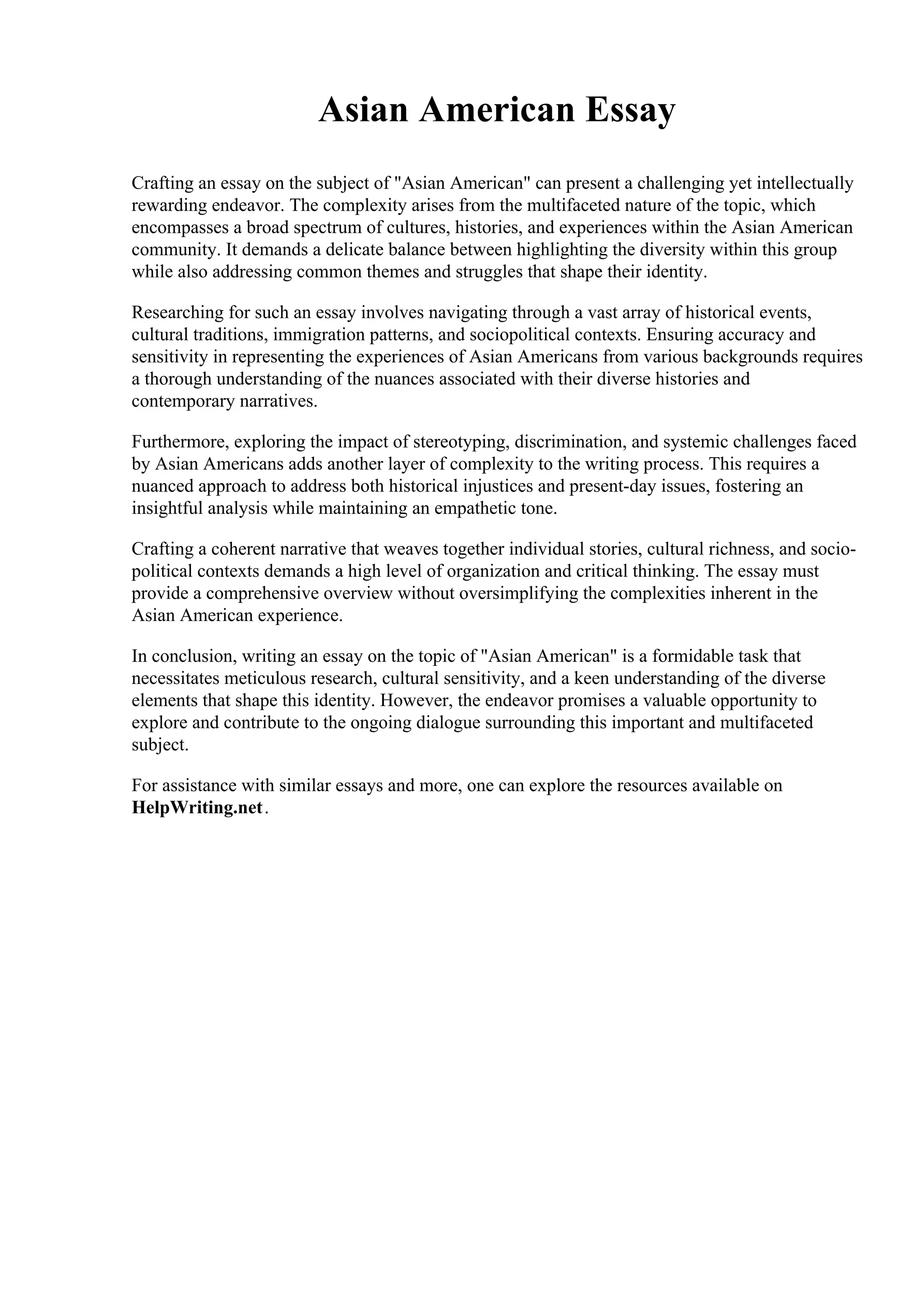 Asian American Essay. Wilmington University | PDF