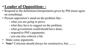 Asian parliamentary debate: Format, Roles of speaker, victory hacks. | PPTX