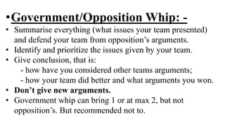 Asian parliamentary debate: Format, Roles of speaker, victory hacks. | PPTX