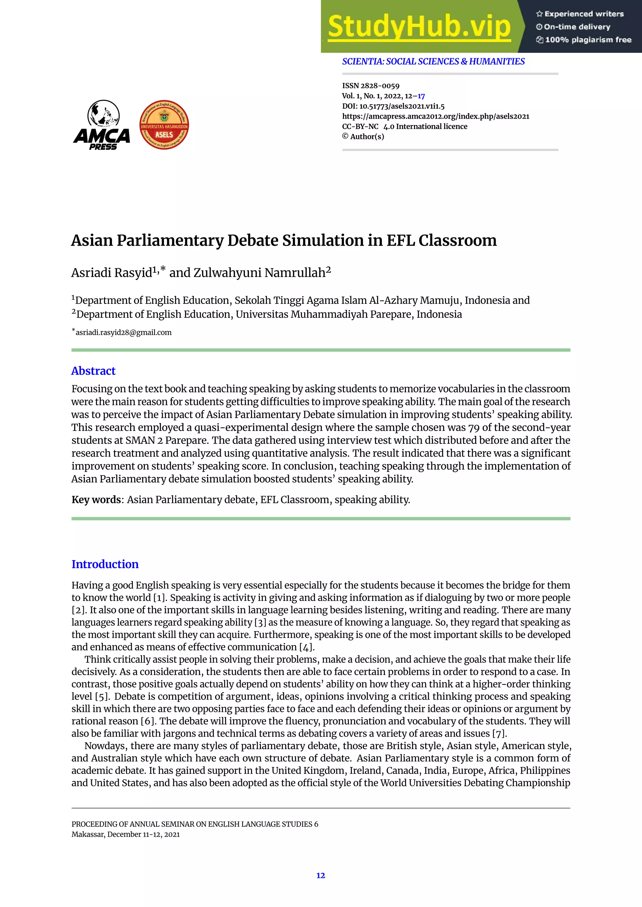 Asian Parliamentary Debate Simulation In EFL Classroom | PDF
