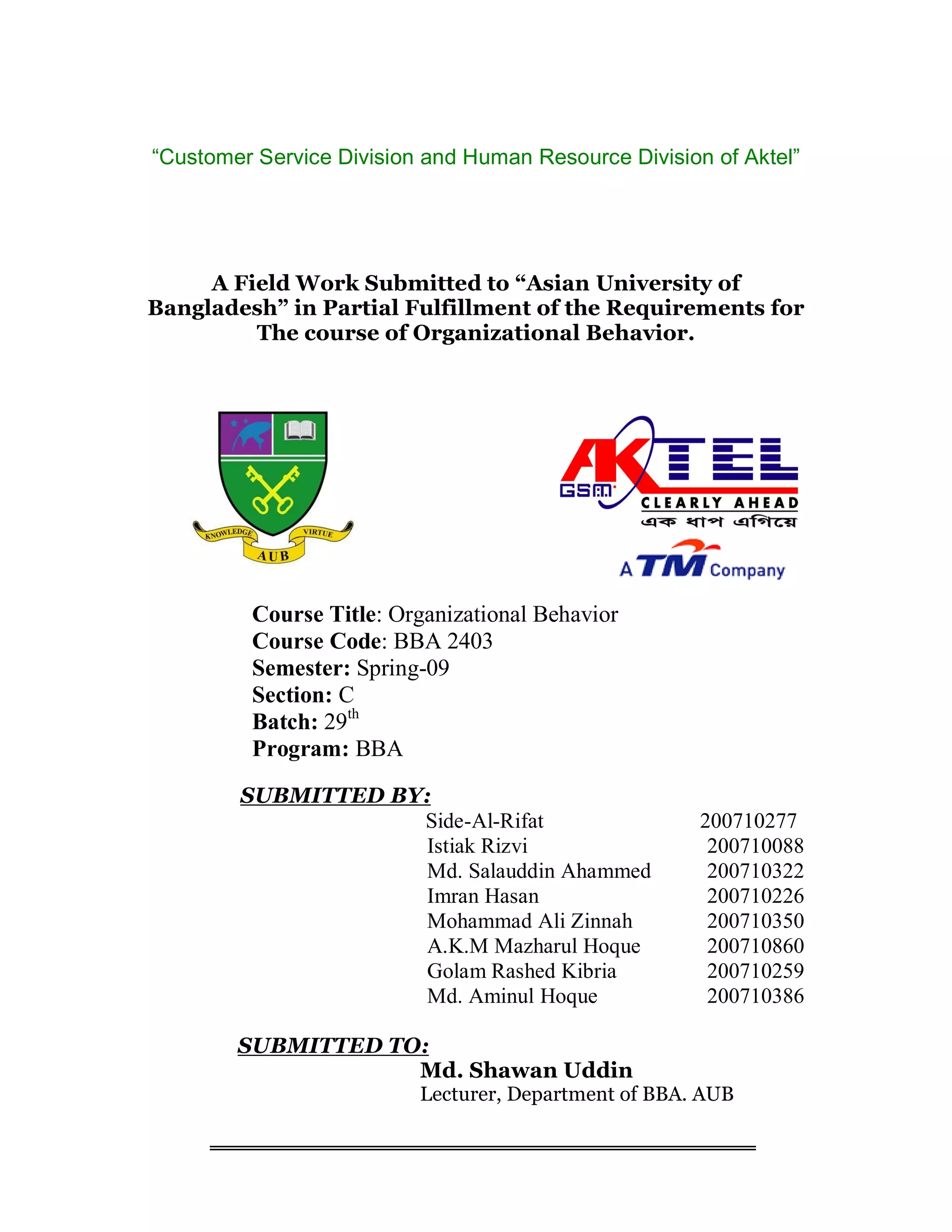 Asian University Of Bangladesh And Aktel | PDF