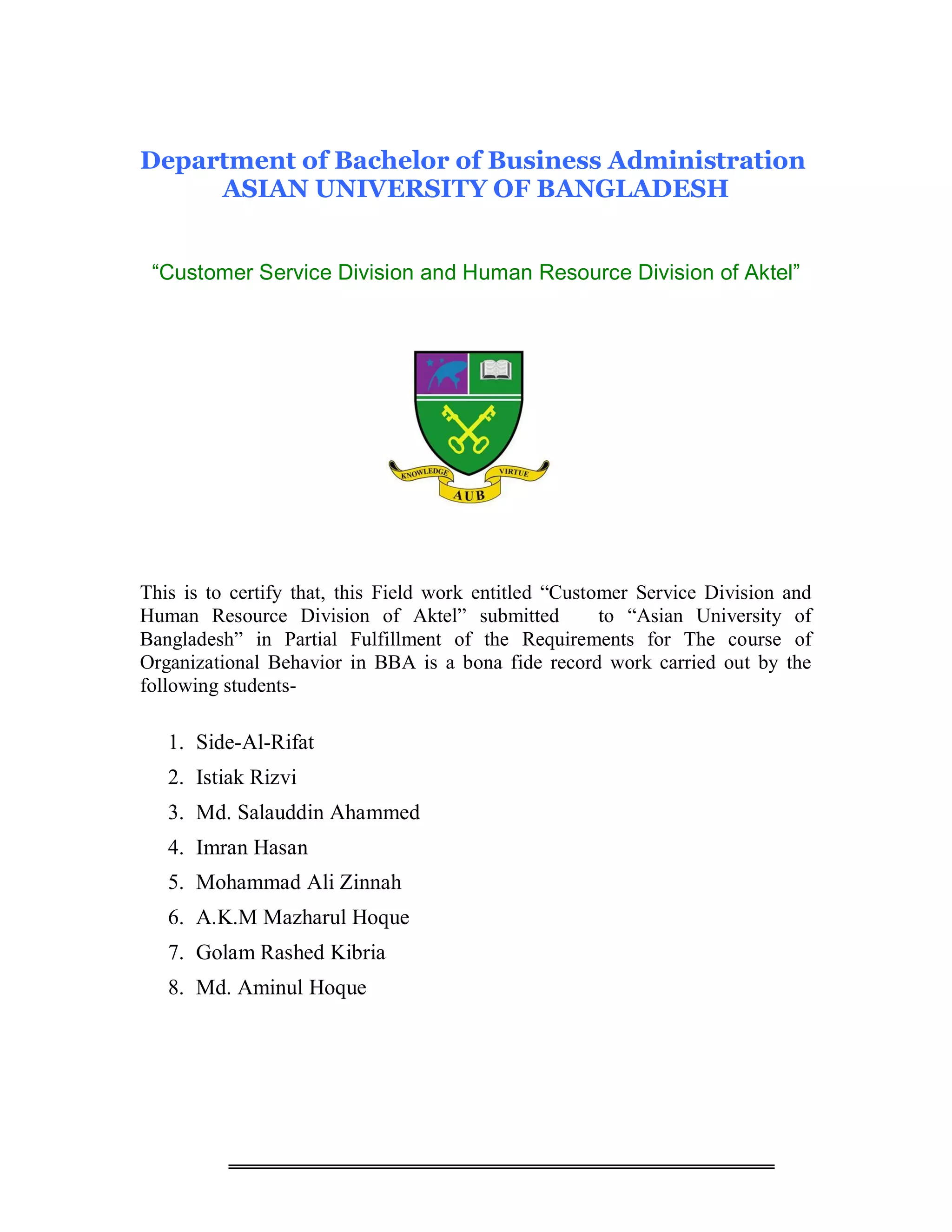 Asian University Of Bangladesh And Aktel | PDF