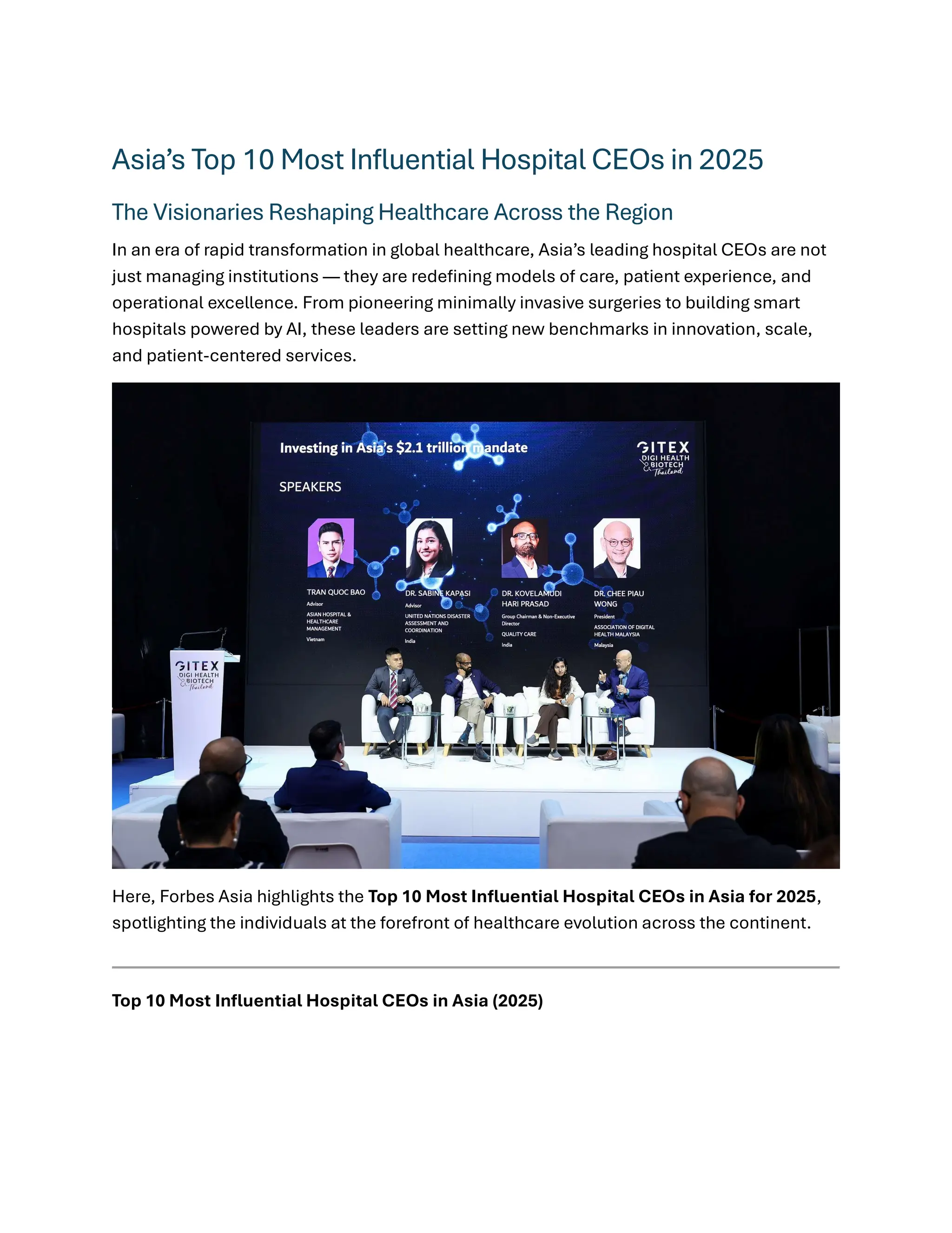 Asia Top 10 Most Influential Hospital CEOs in 2025 by Forbes | PDF