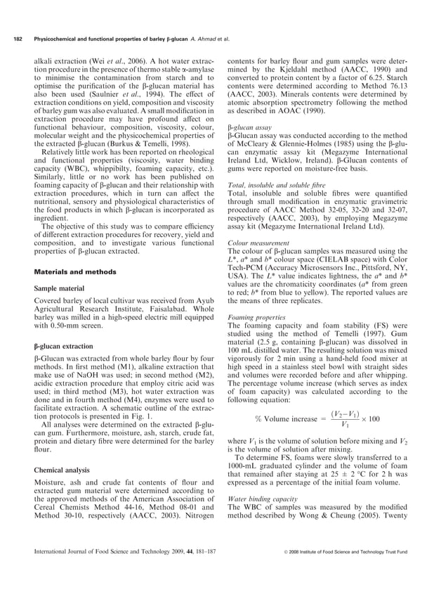 Physiochemical And Functional Properties Of Barley B Glucan As Affected By Different Extraction