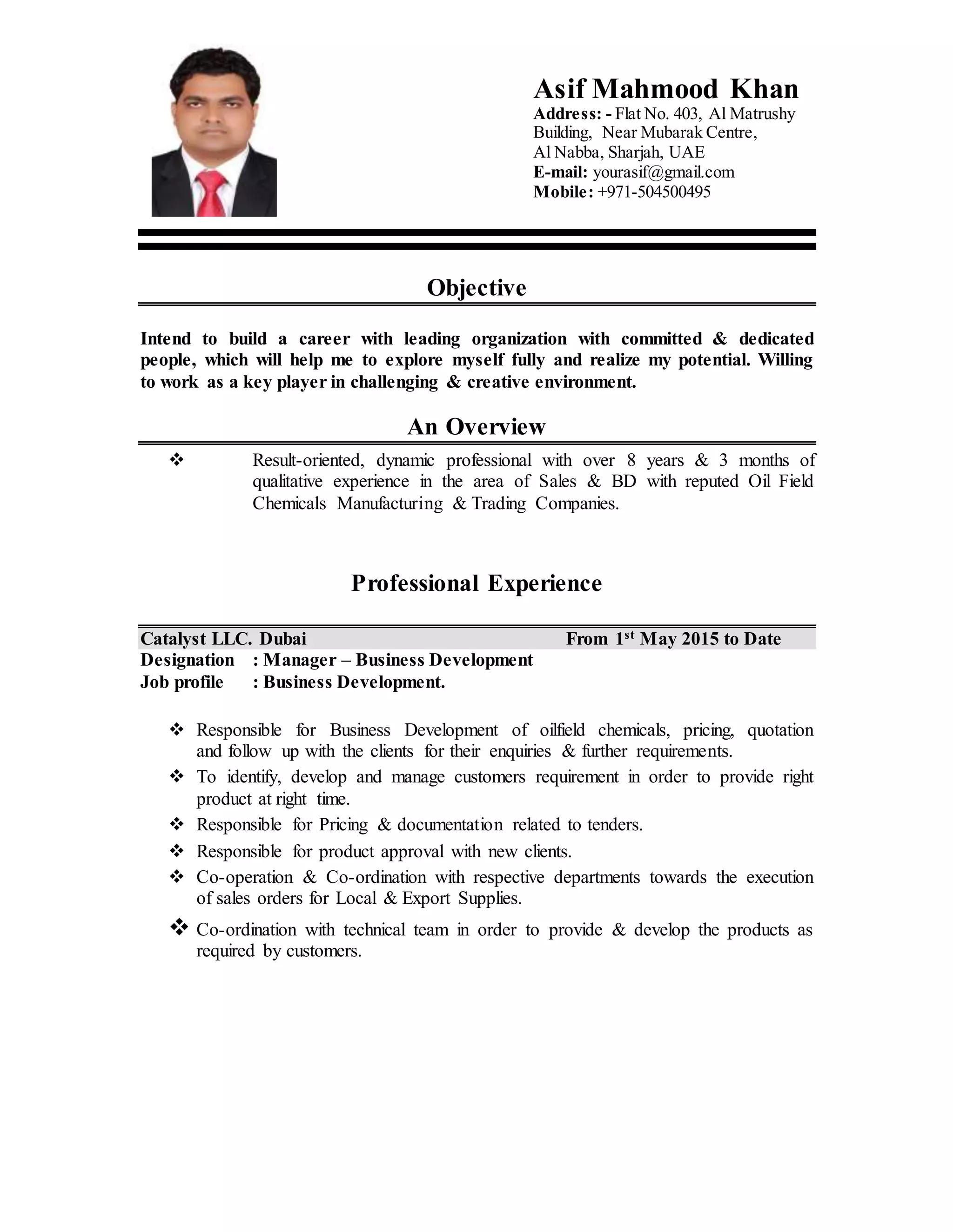 Asif Mahmood Khan CV for Sales & Marketing of Oilfield Chemicals | PDF
