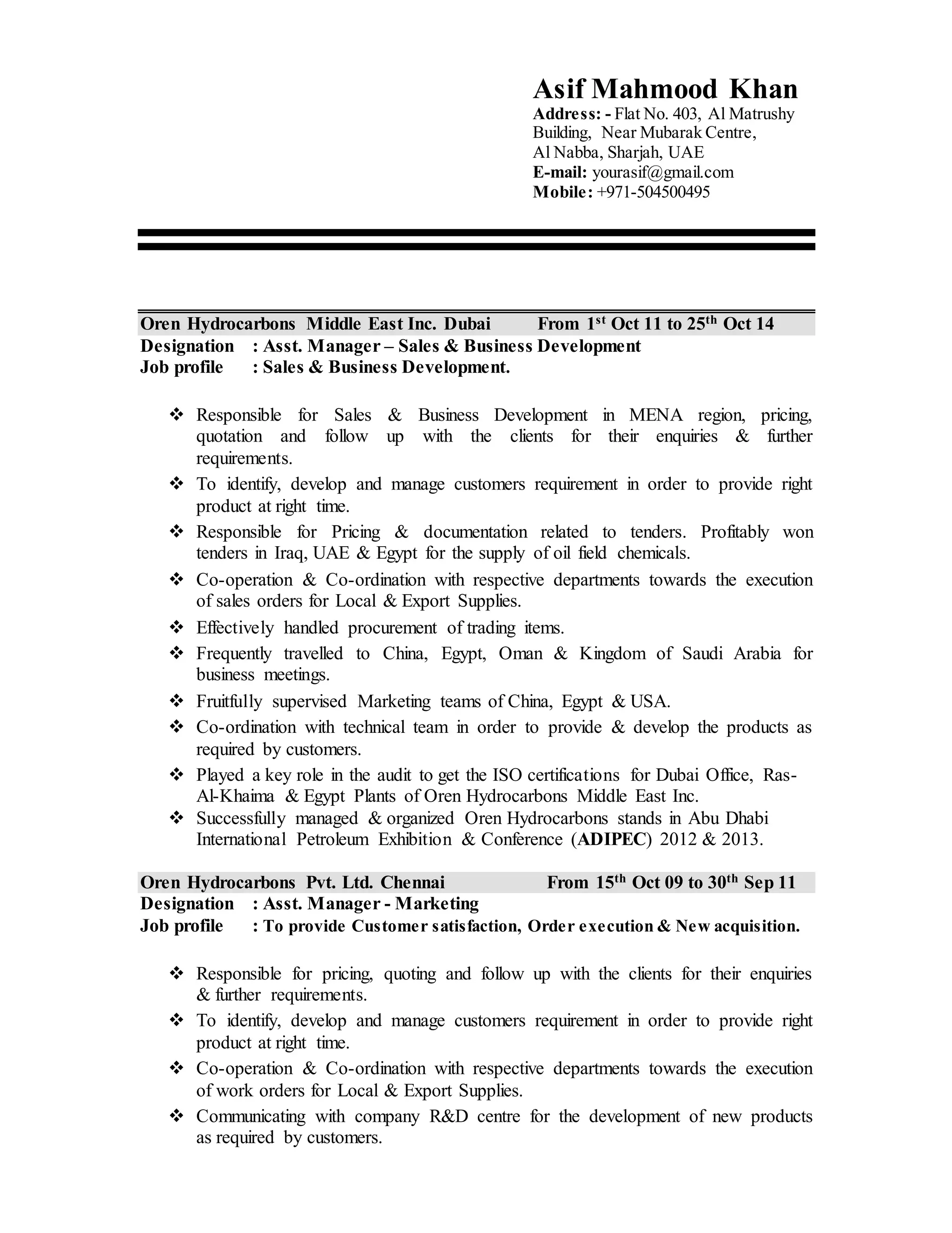 Asif Mahmood Khan CV for Sales & Marketing of Oilfield Chemicals | PDF