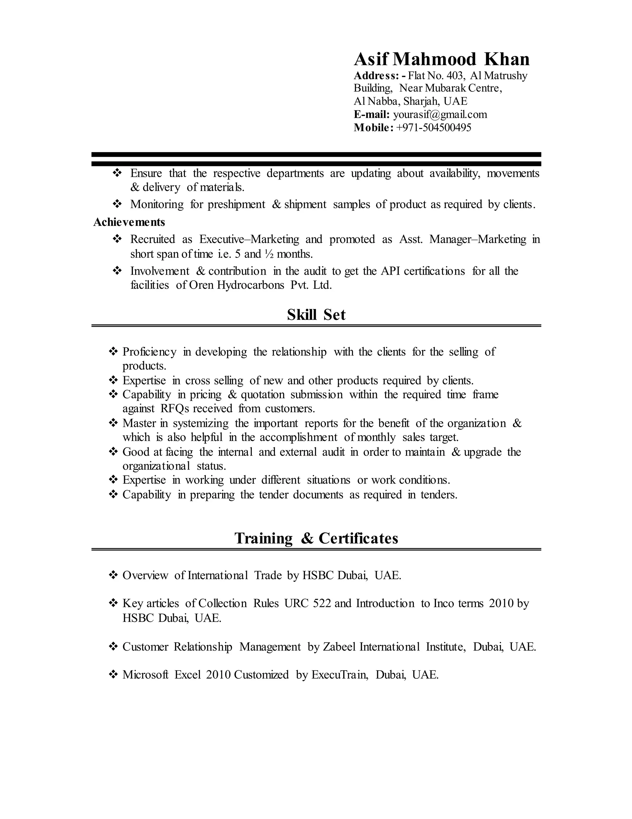 Asif Mahmood Khan CV for Sales & Marketing of Oilfield Chemicals | PDF