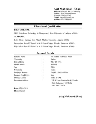 Asif Mahmood Khan CV for Sales & Marketing of Oilfield Chemicals | DOCX