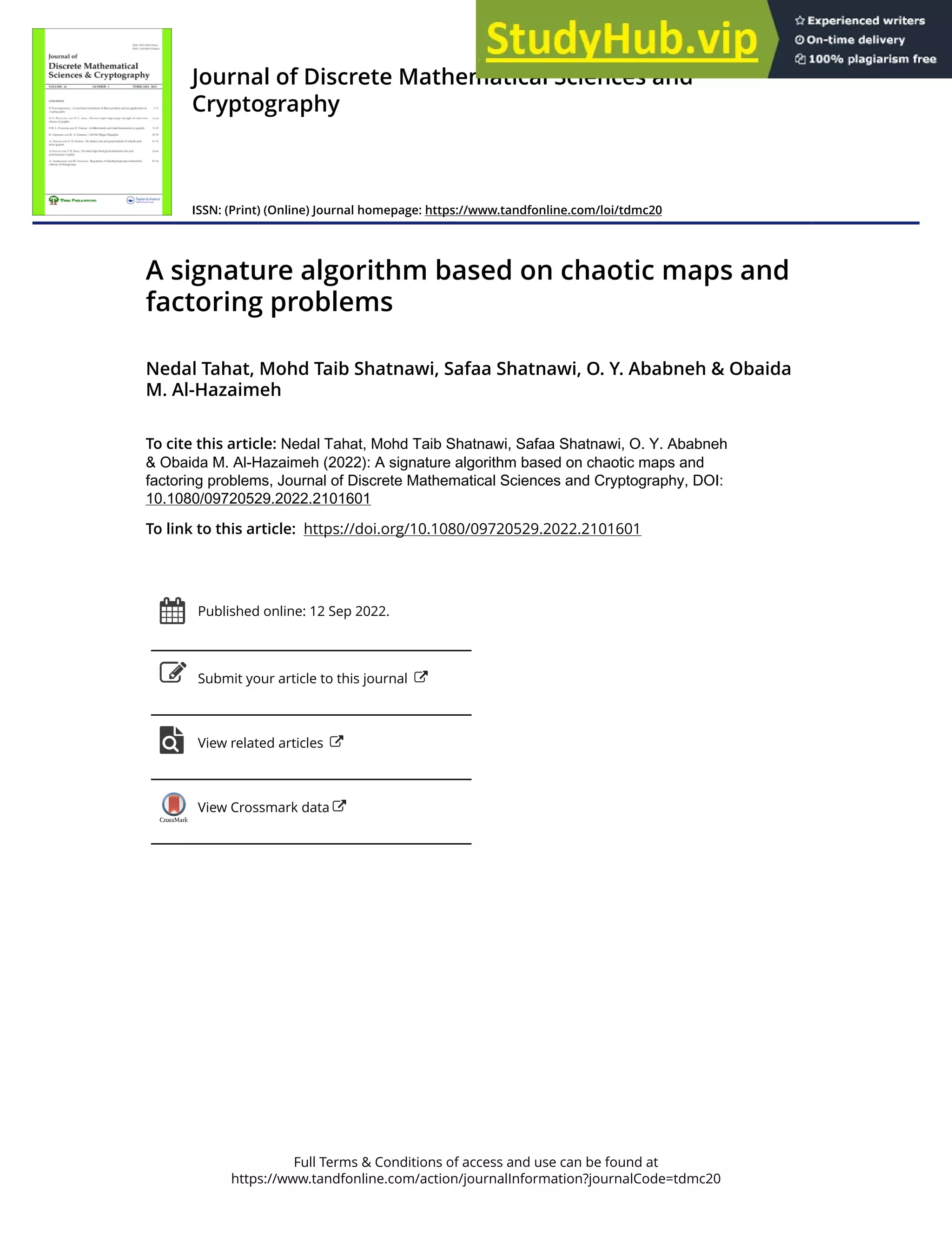 A Signature Algorithm Based On Chaotic Maps And Factoring Problems Pdf