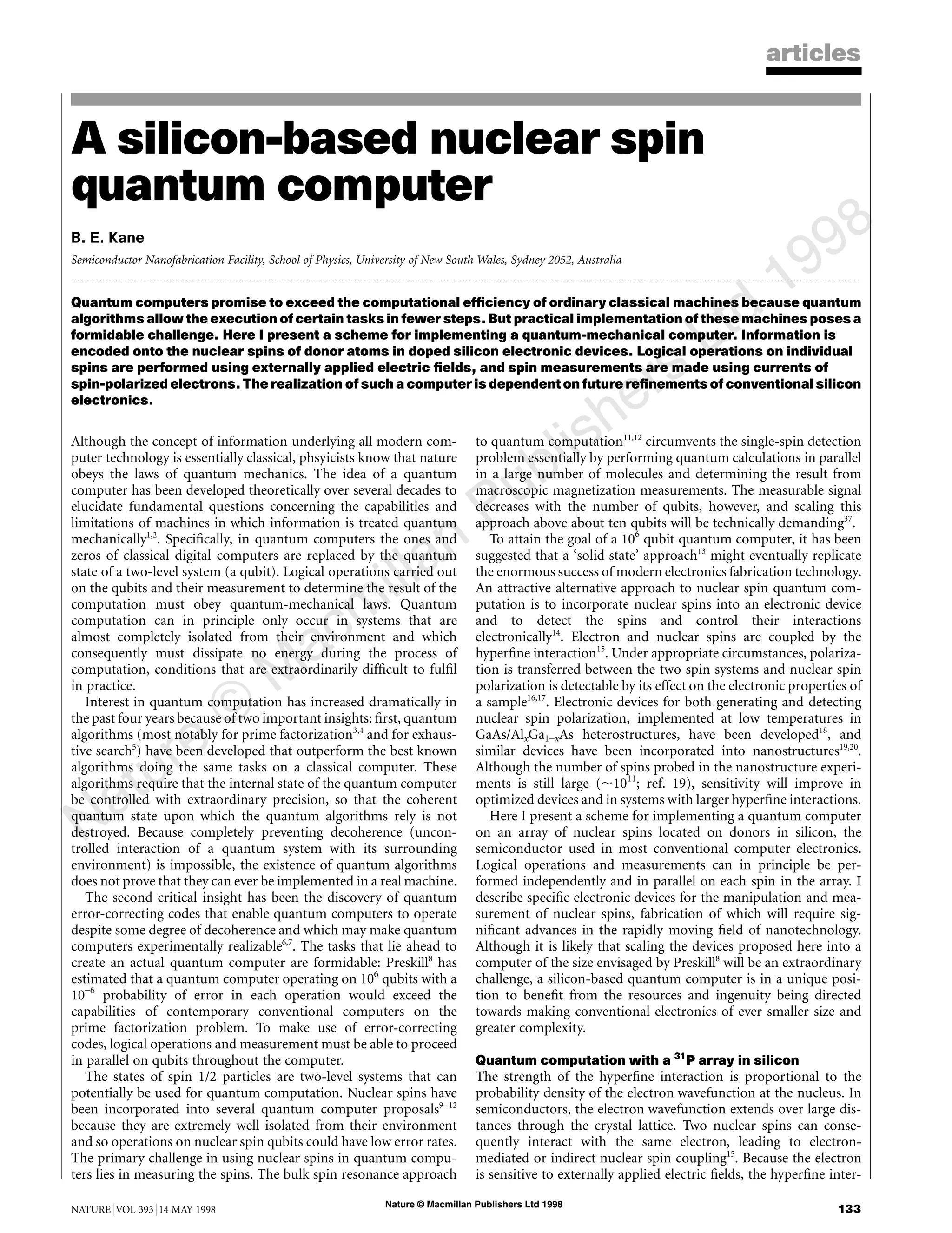 A silicon based nuclear spin quantum computer | PDF