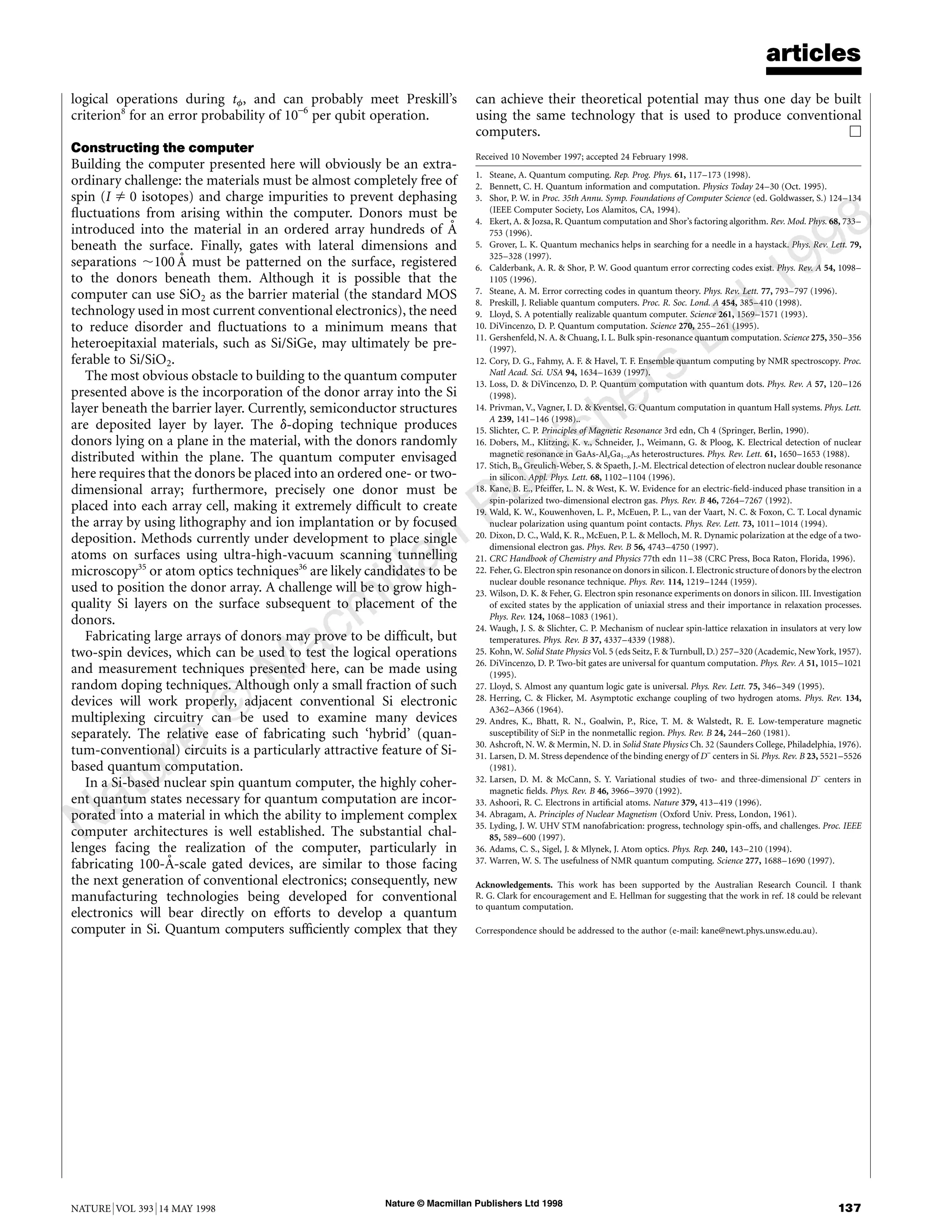 A silicon based nuclear spin quantum computer | PDF