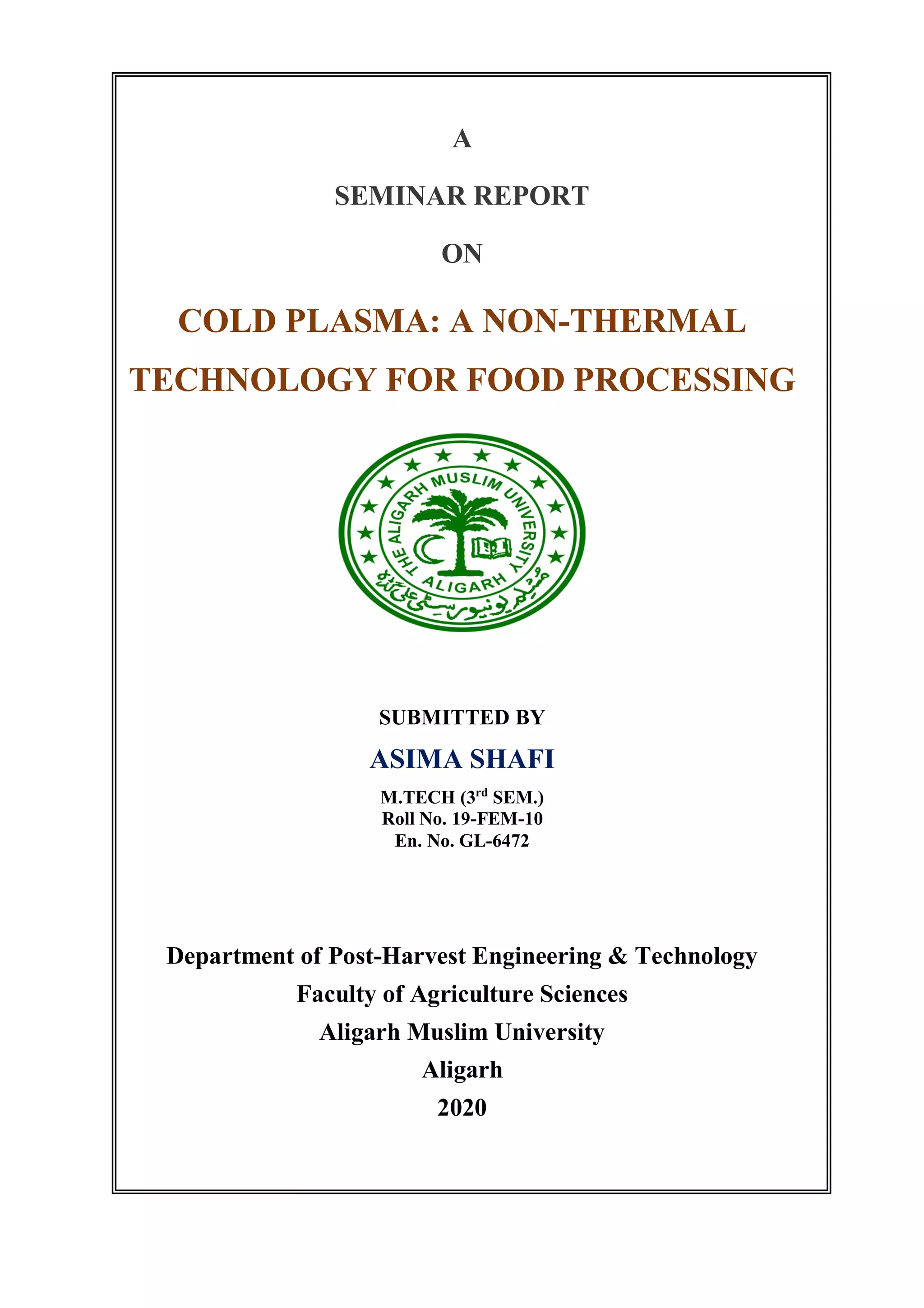 Cold Plasma- non thermal technology for food processing. | PDF