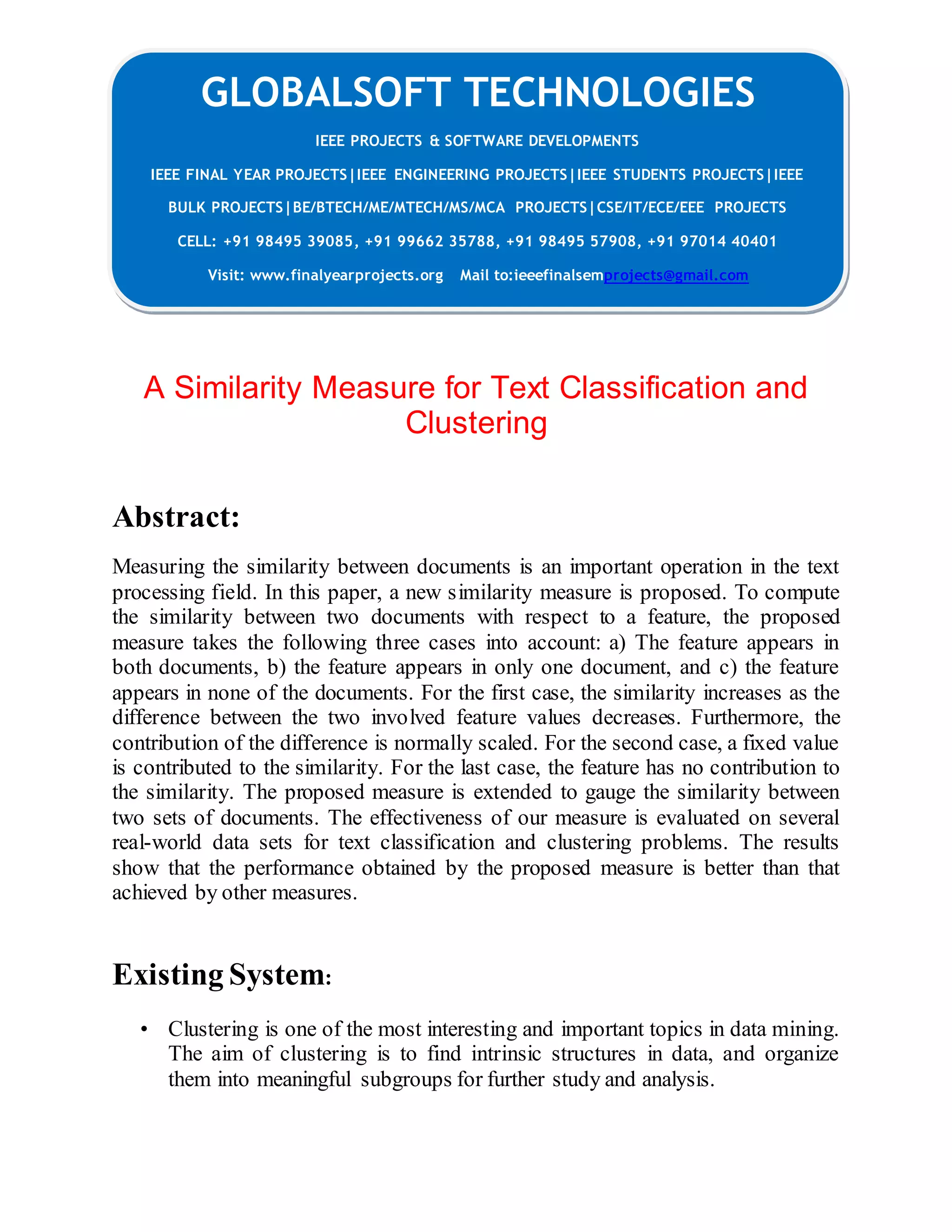 2014 IEEE JAVA DATA MINING PROJECT A similarity measure for text classification and | PDF