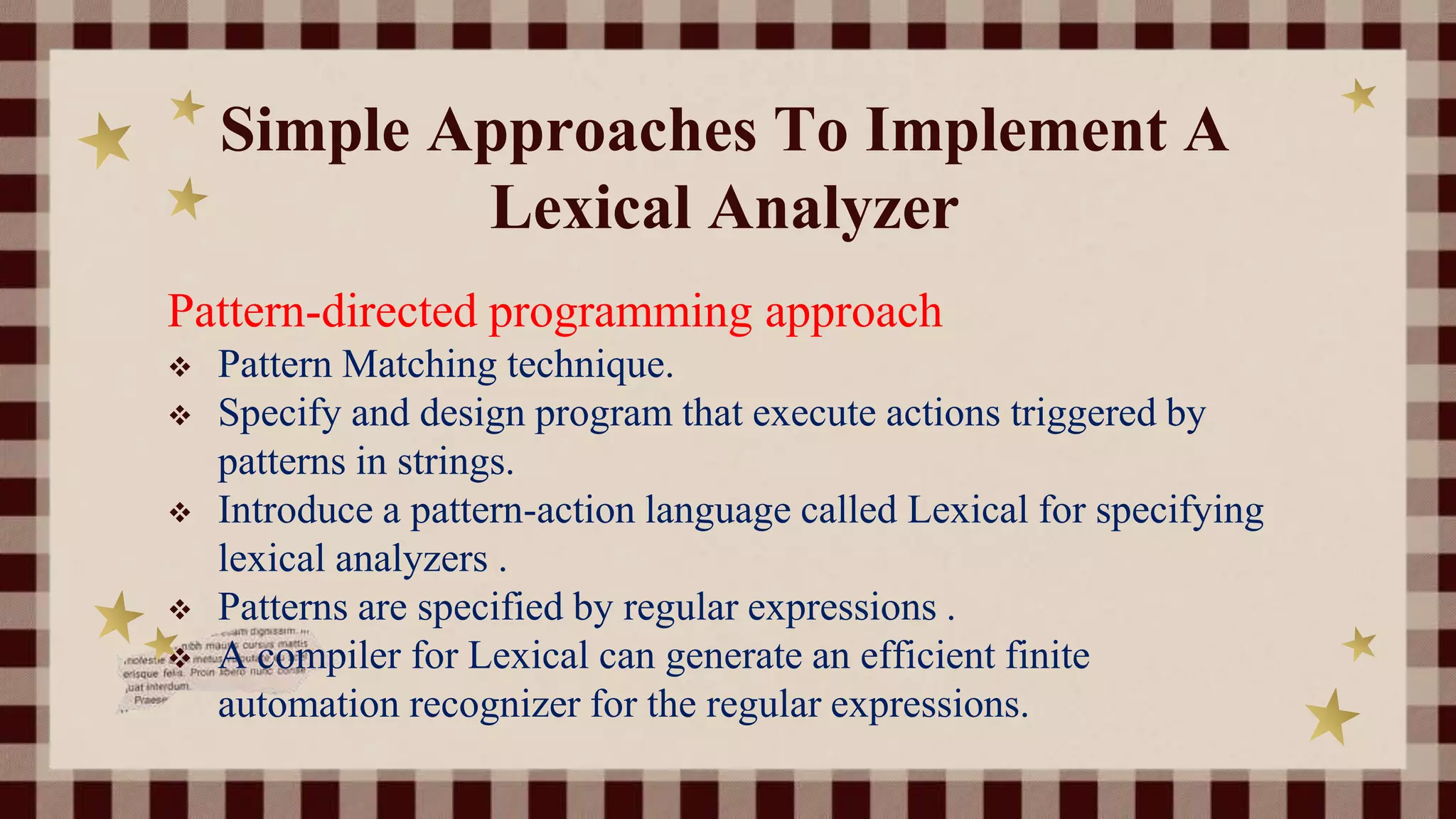 A simple approach of lexical analyzers | PPTX | Programming Languages | Computing