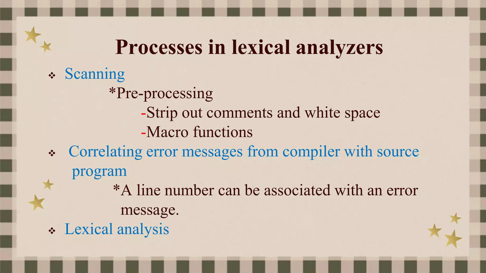 A simple approach of lexical analyzers | PPTX | Programming Languages | Computing