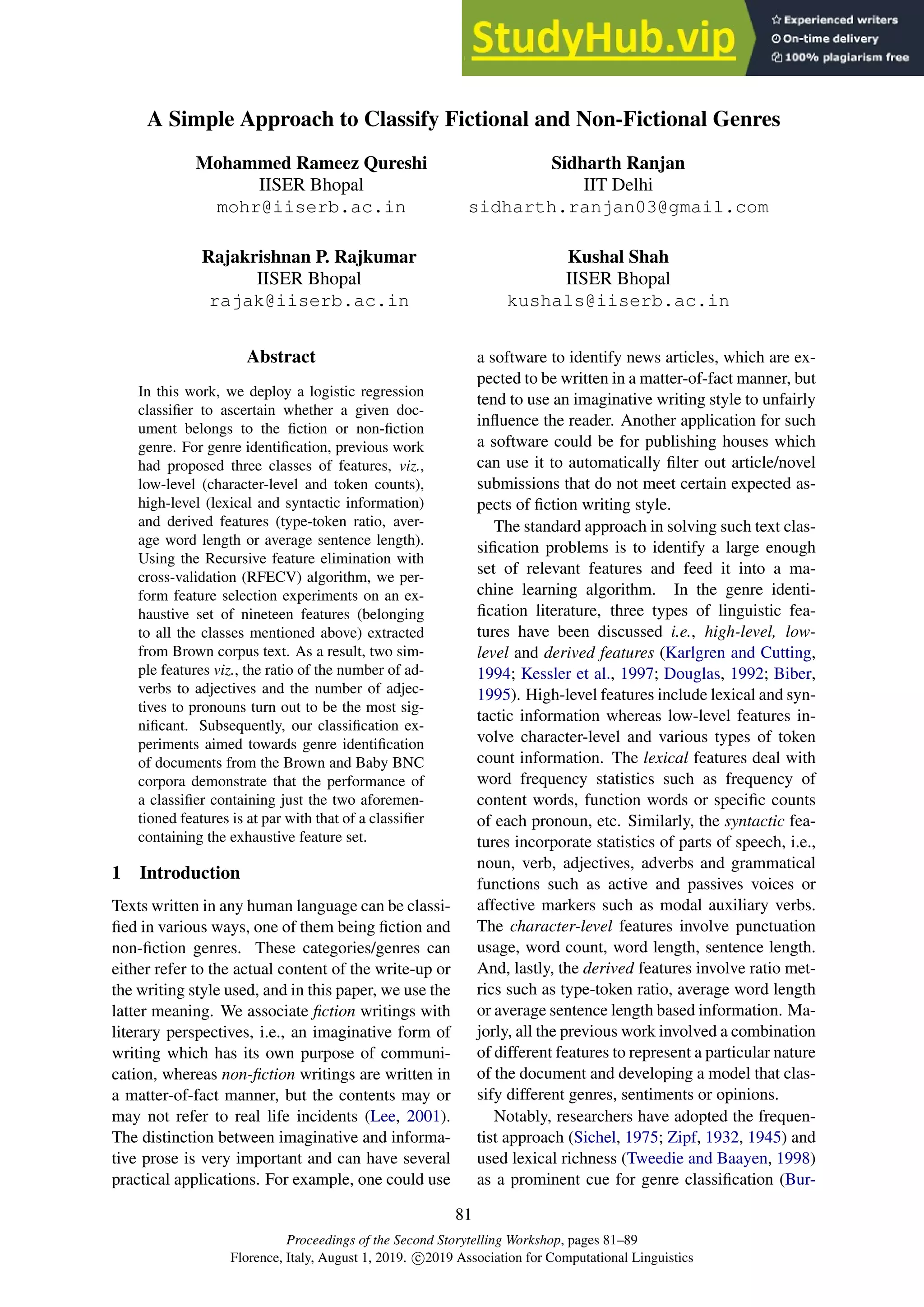 A Simple Approach To Classify Fictional And Non-Fictional Genres | PDF