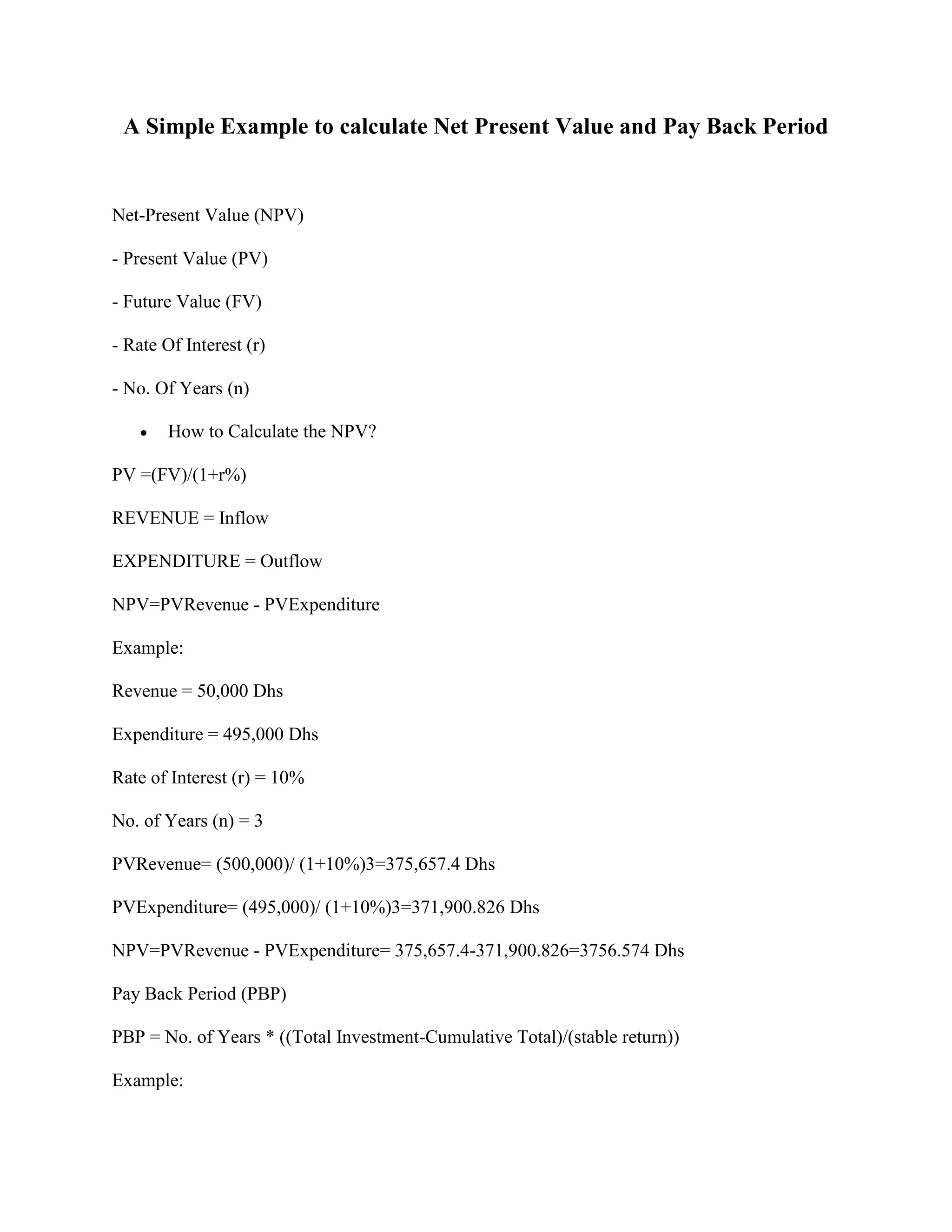 A simple example to calculate net present value and pay back period | PDF