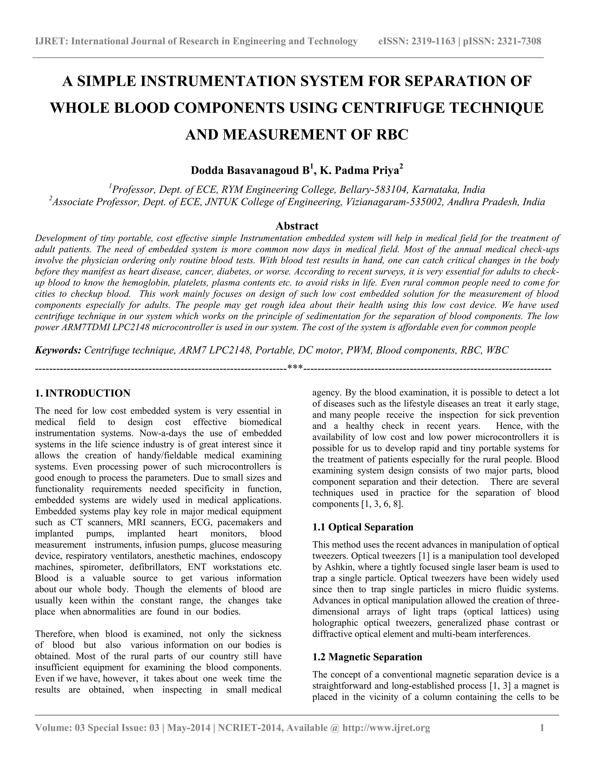 A simple instrumentation system for separation of whole blood ...