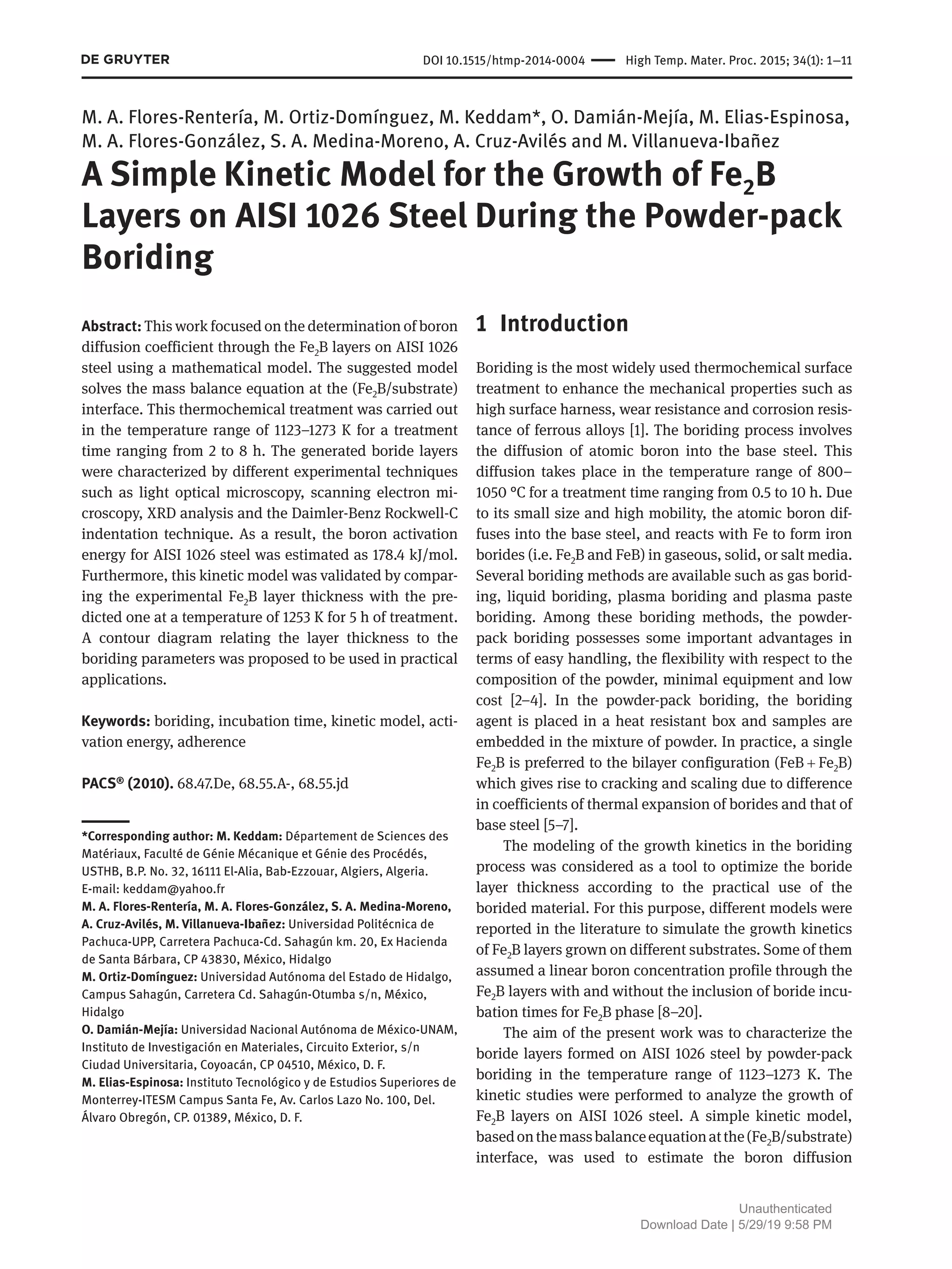 A simple kinetic model for the growth of fe2 b layers on aisi 1026 ...