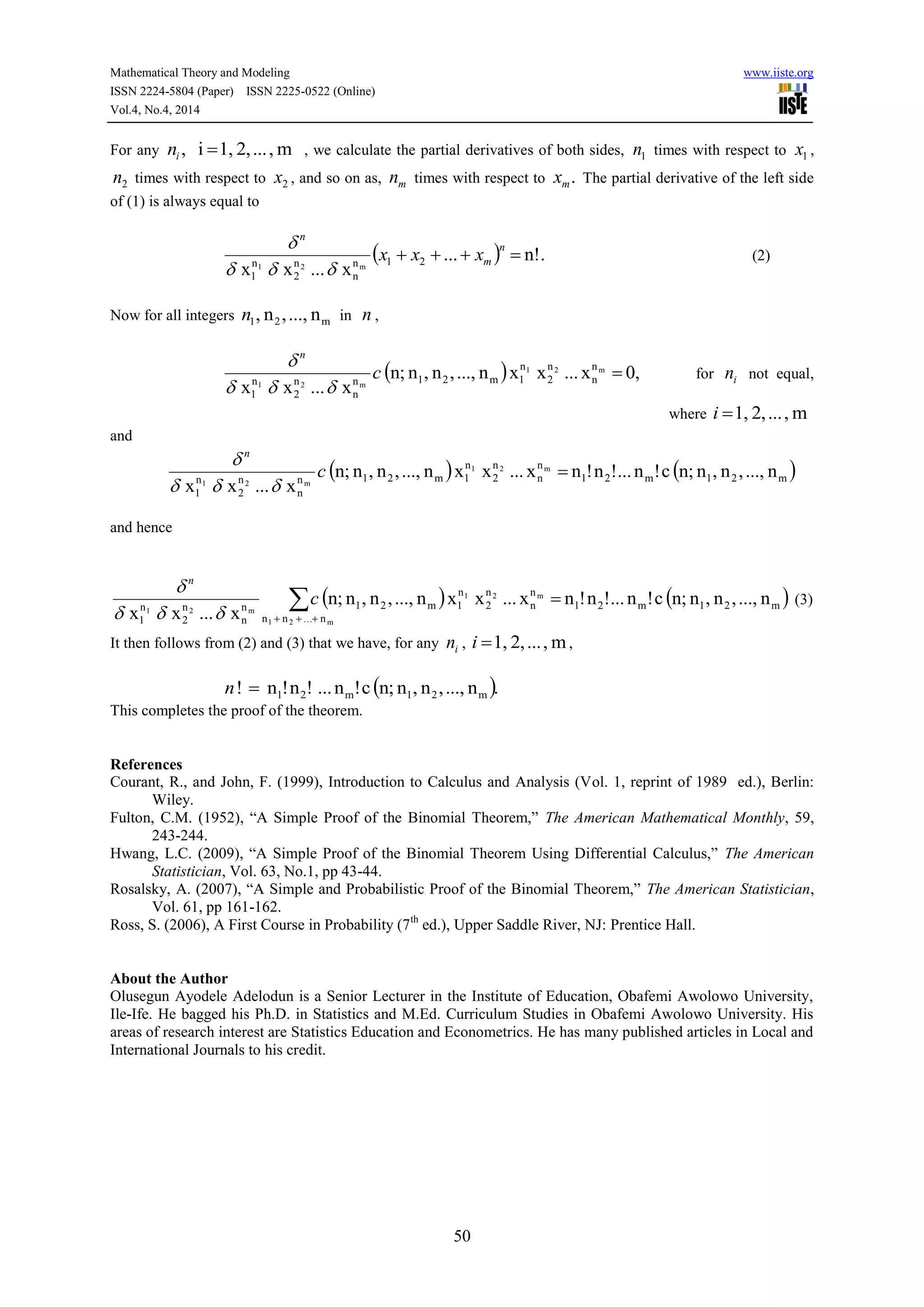 A Simple Proof Of The Generalization Of The Binomial Theorem Using