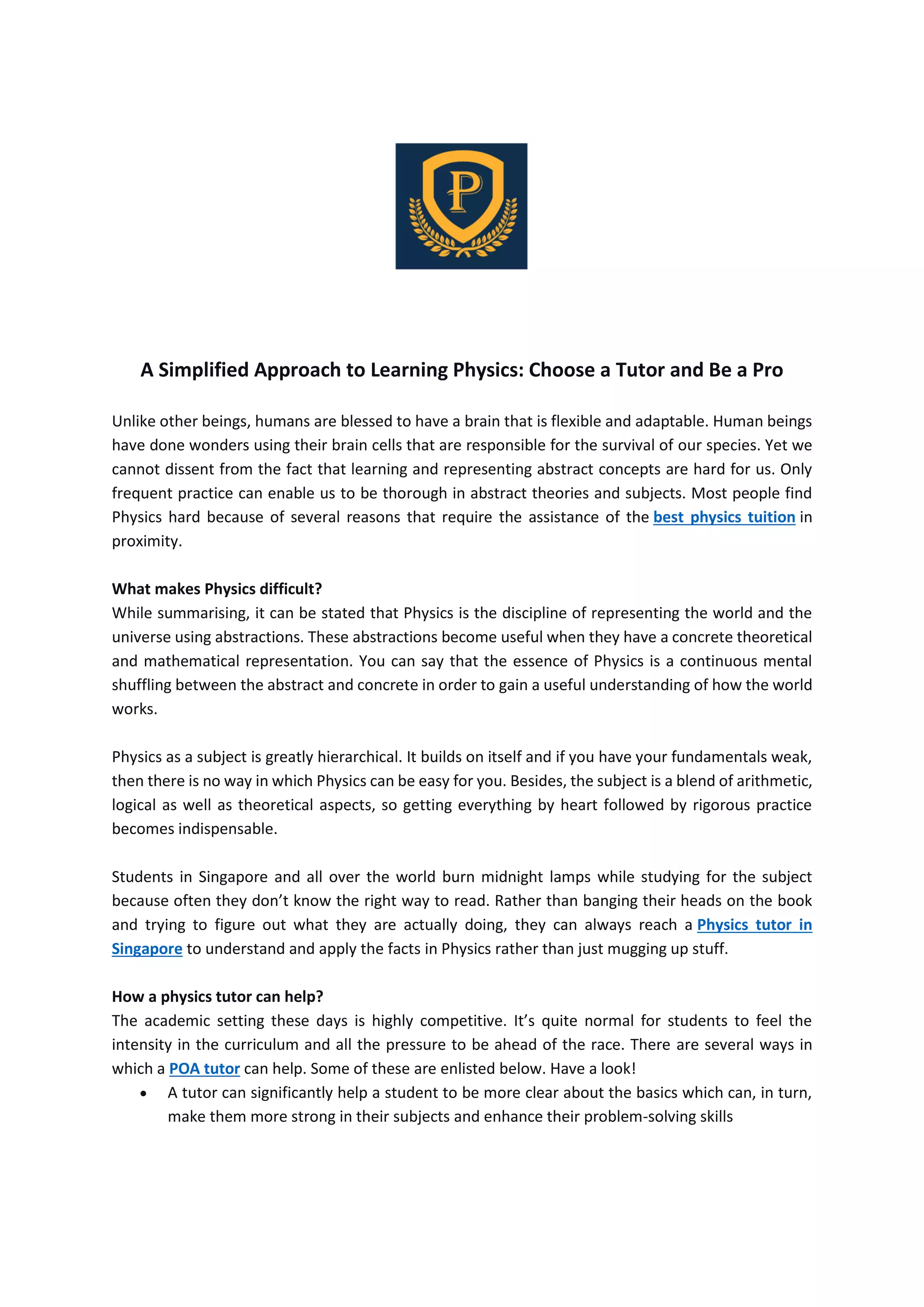 A simplified approach to learning Physics: Choose a tutor and be a pro ...