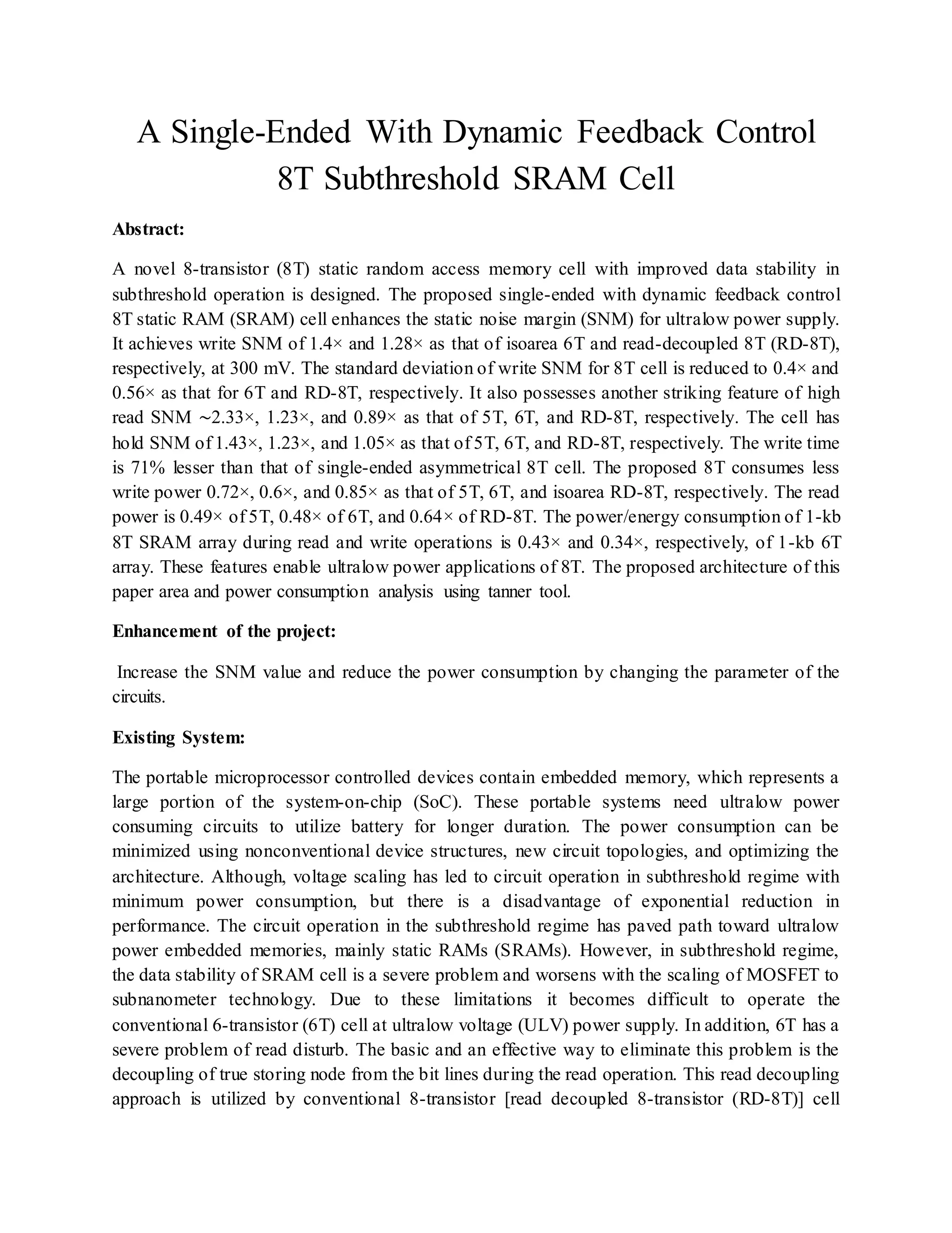 A Single-Ended With Dynamic Feedback Control 8T Subthreshold SRAM Cell | PDF