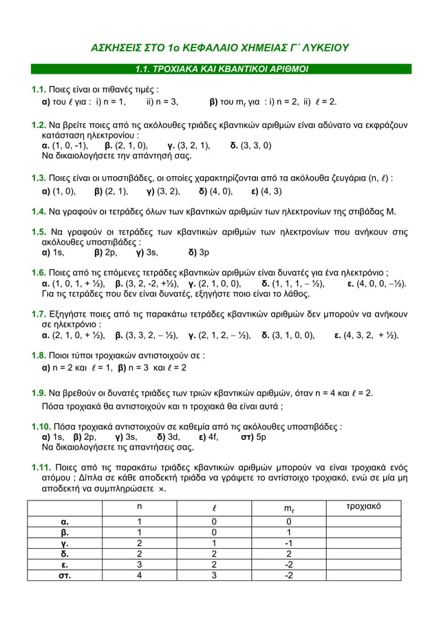 Ασκήσεις στο 1ο Κεφάλαιο Χημείας Γ΄ Λυκείου (παλιά ύλη) | PDF