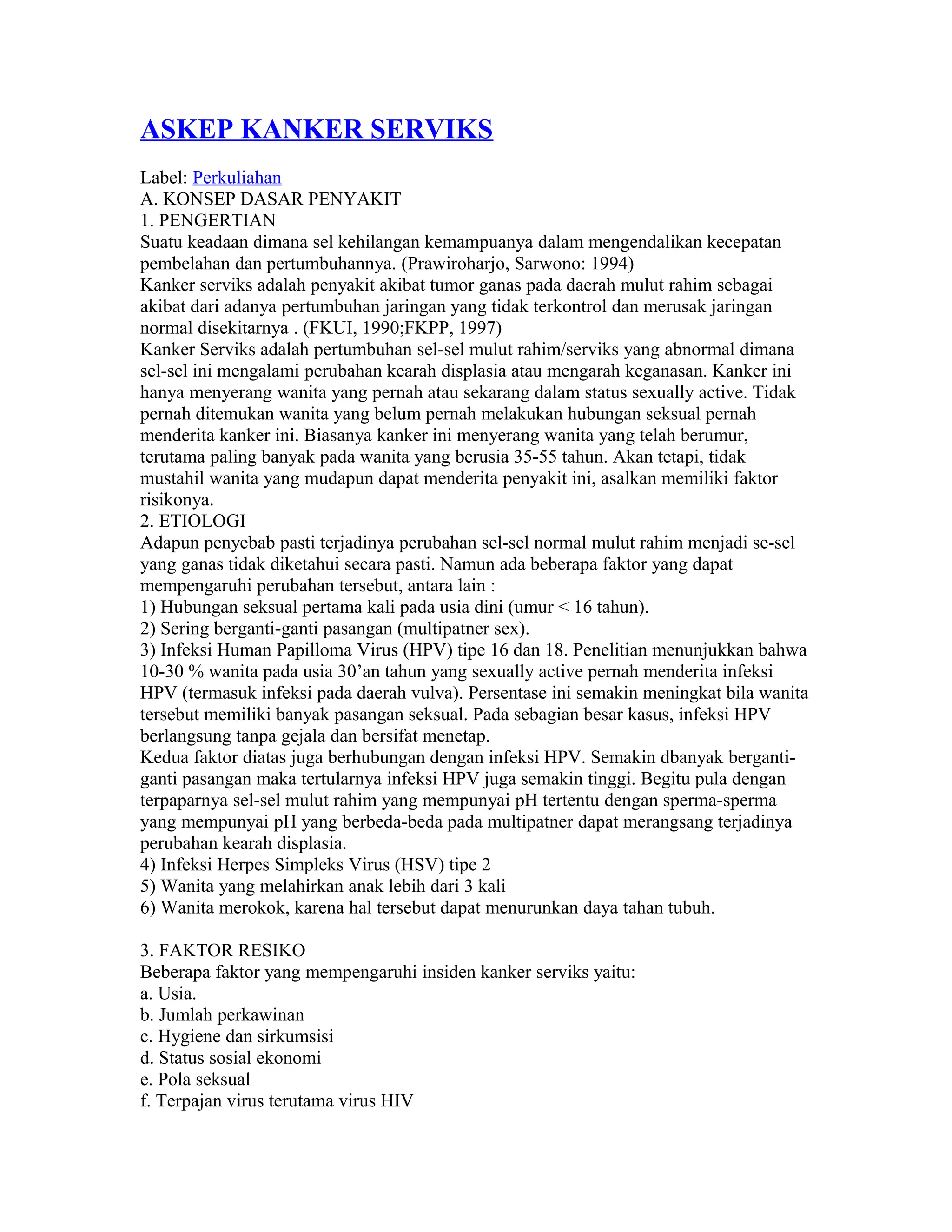 Askep kanker serviks AKPER PEMDA MUNA | PDF