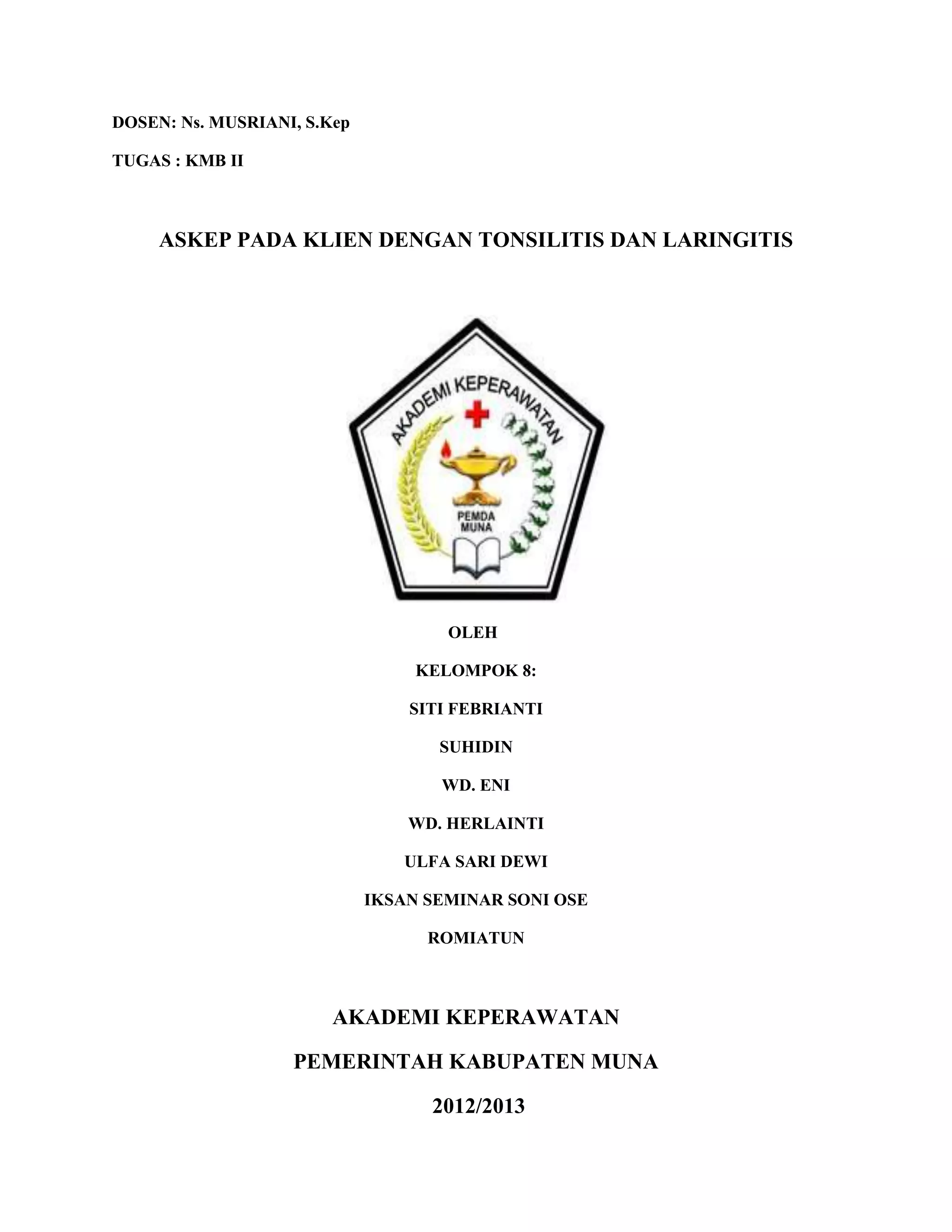 Askep tonsilitis dan laringitis AKPER PEMKAB MUNA | PDF
