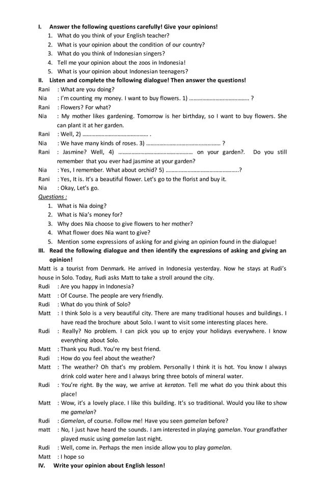 Asking for and giving an opinion | DOCX