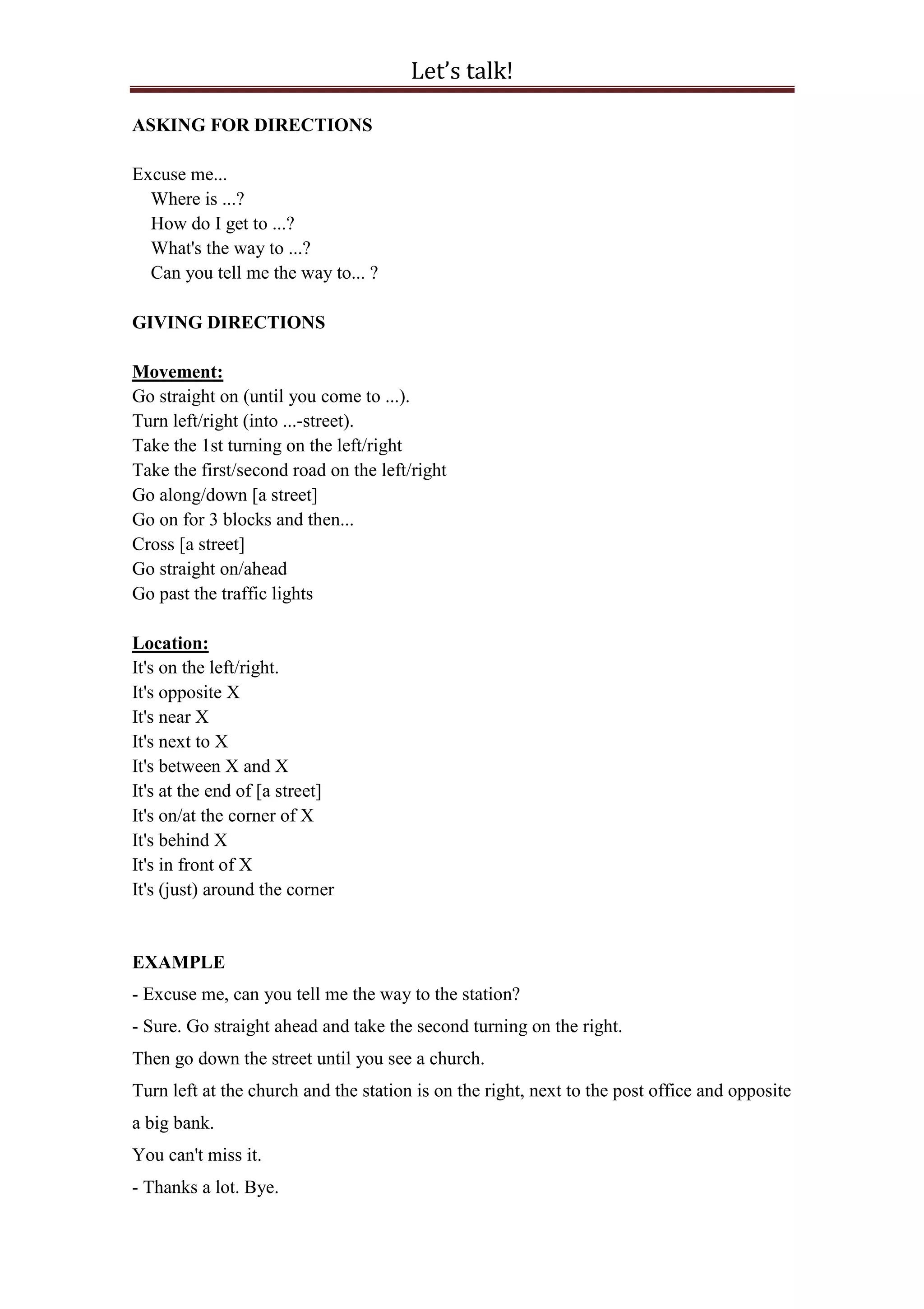 Asking For And Giving Directions Instructions | PDF