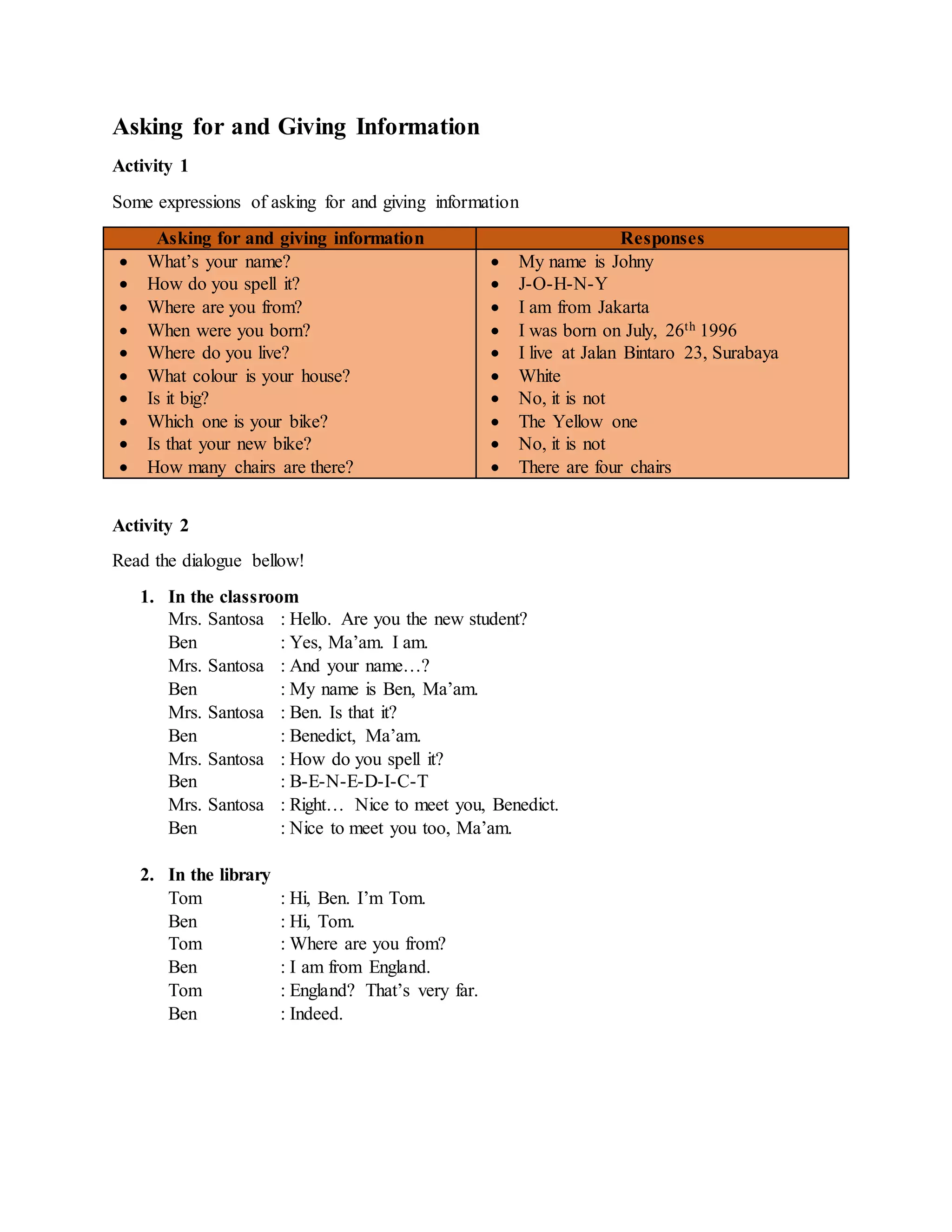 Asking for and giving information | DOCX