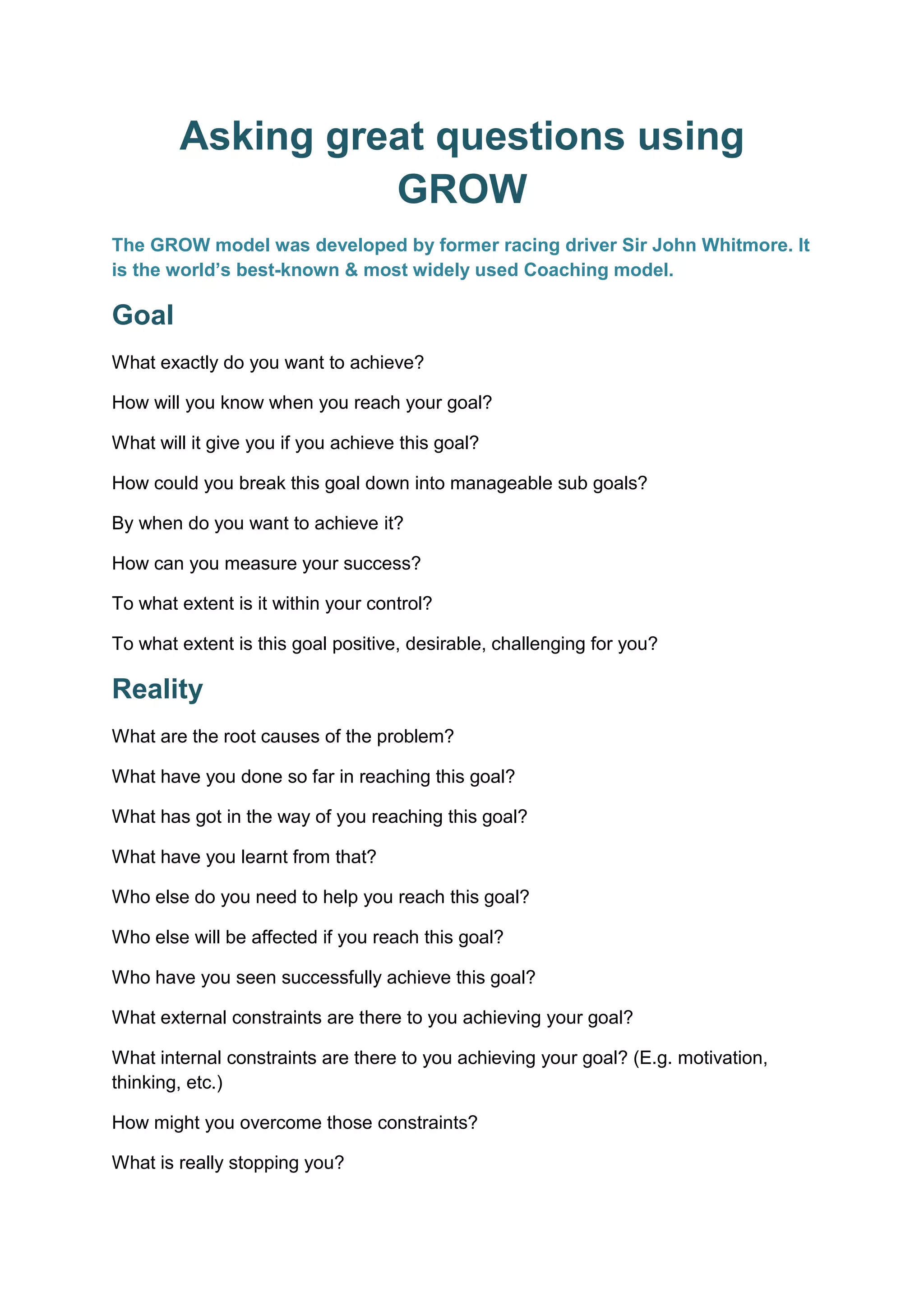 Asking great questions using the GROW Coaching model | PDF