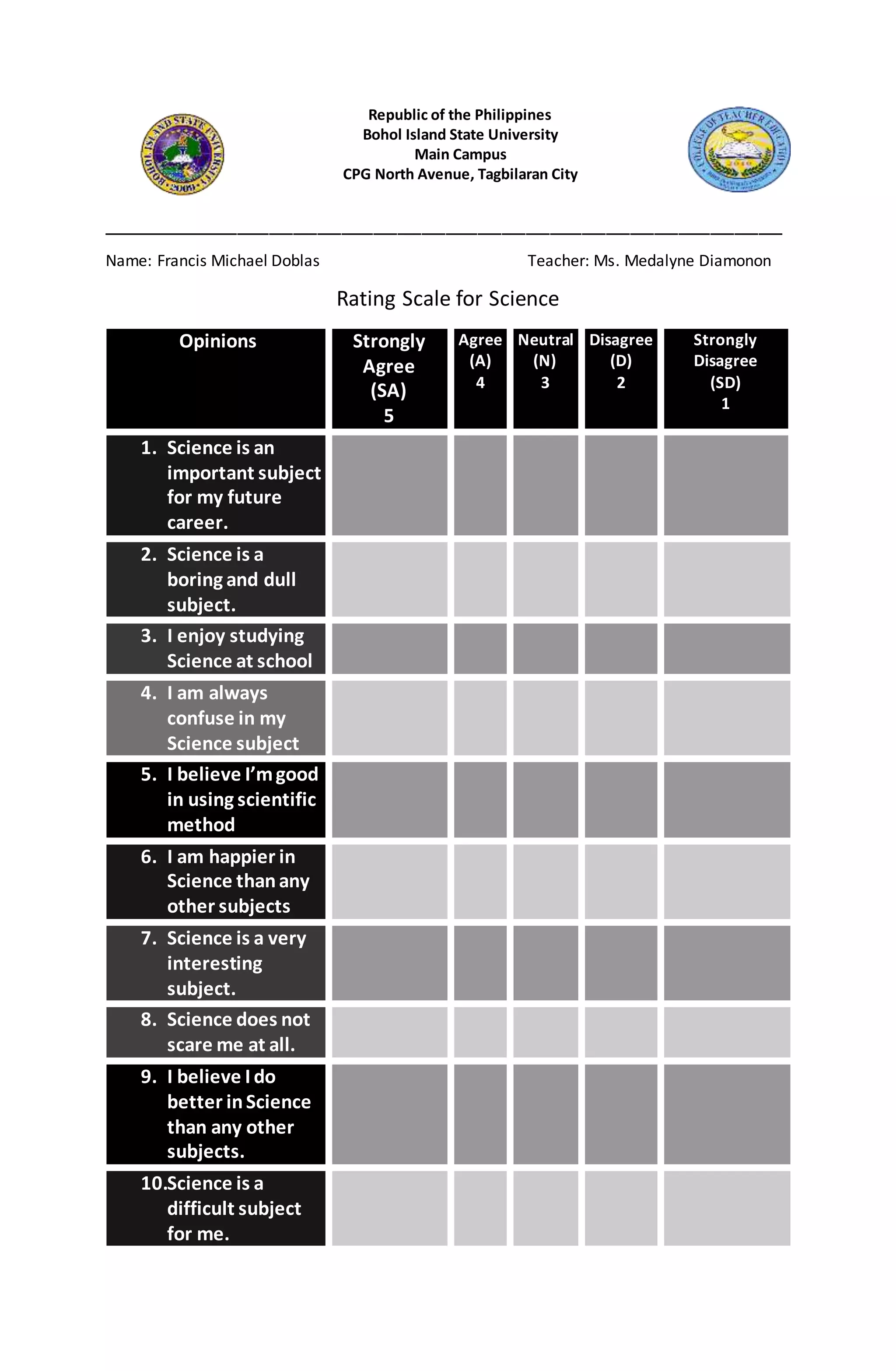 Asl checklist and rating scale (assessment of learning 2) | DOCX