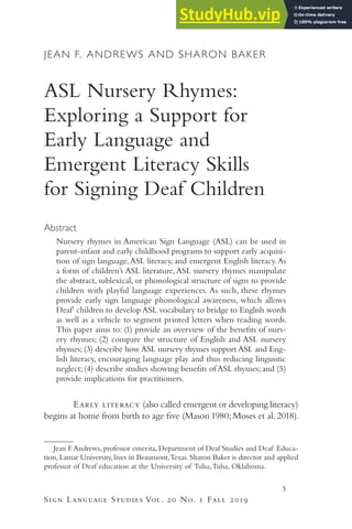 ASL Nursery Rhymes Exploring A Support For Early Language And Emergent ...