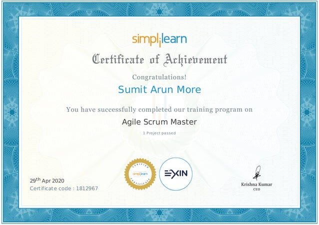 Agile Scrum Master certificate by Simplilearn | PDF
