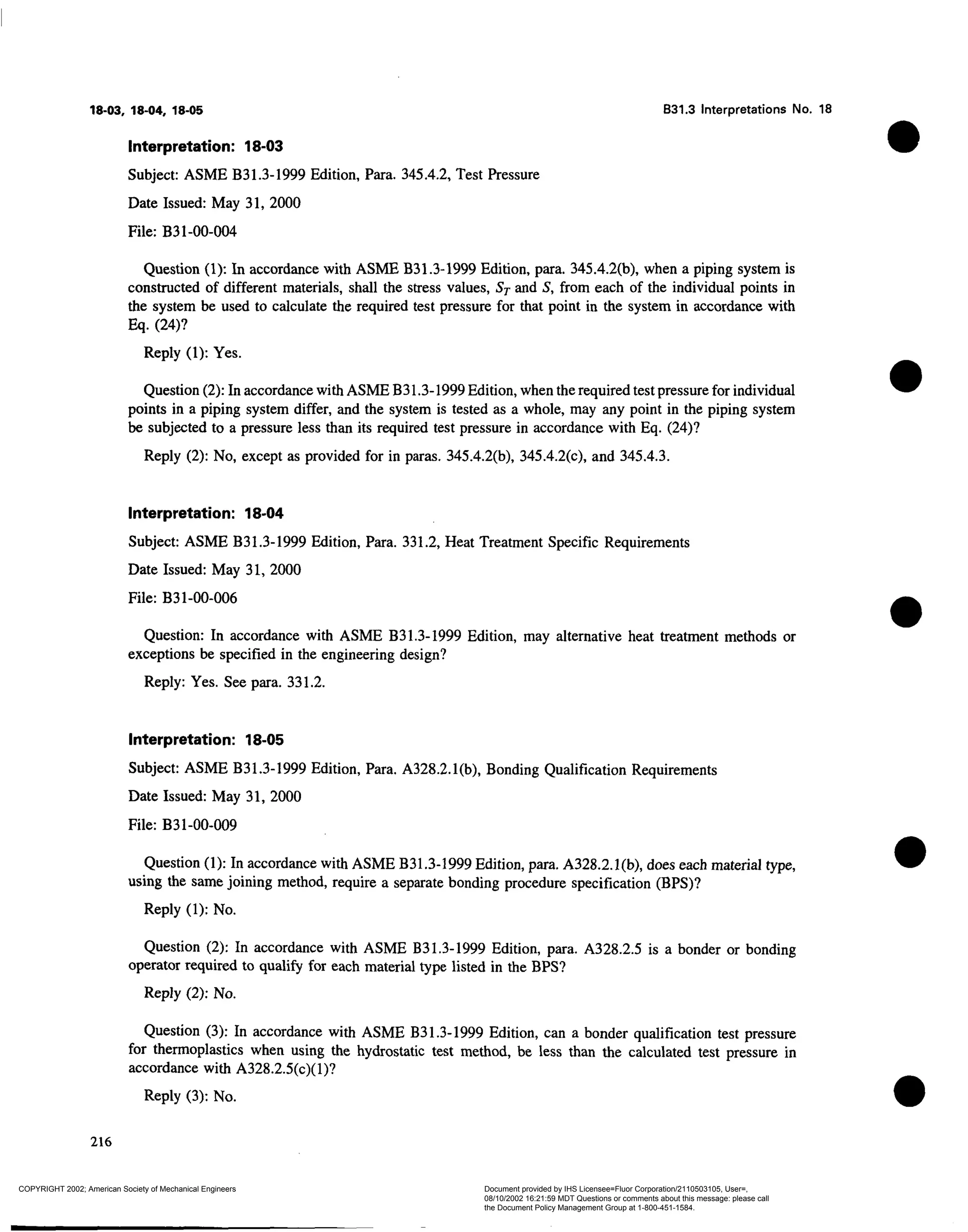 Asme b31.3 interpretation | PDF