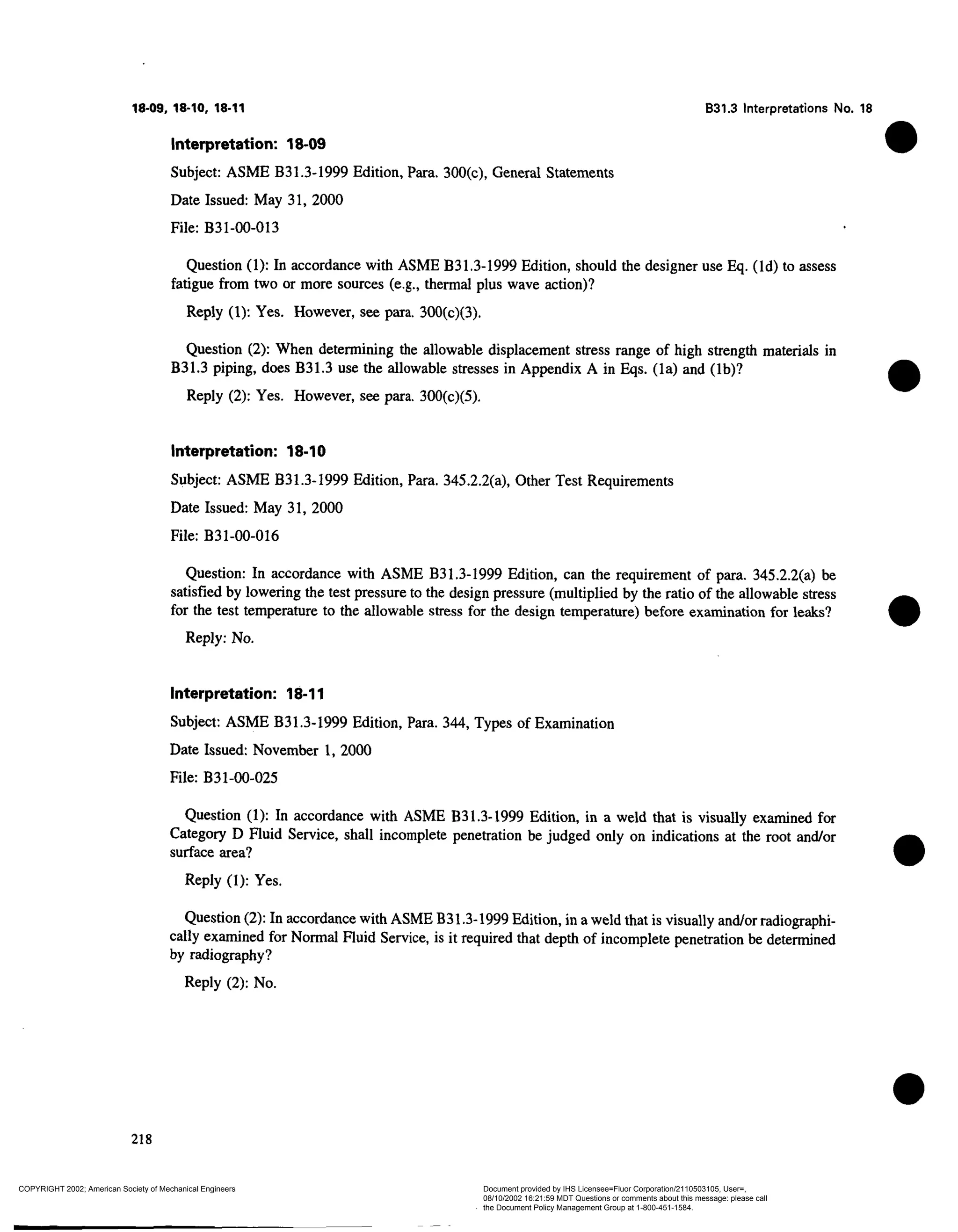 Asme b31.3 interpretation | PDF