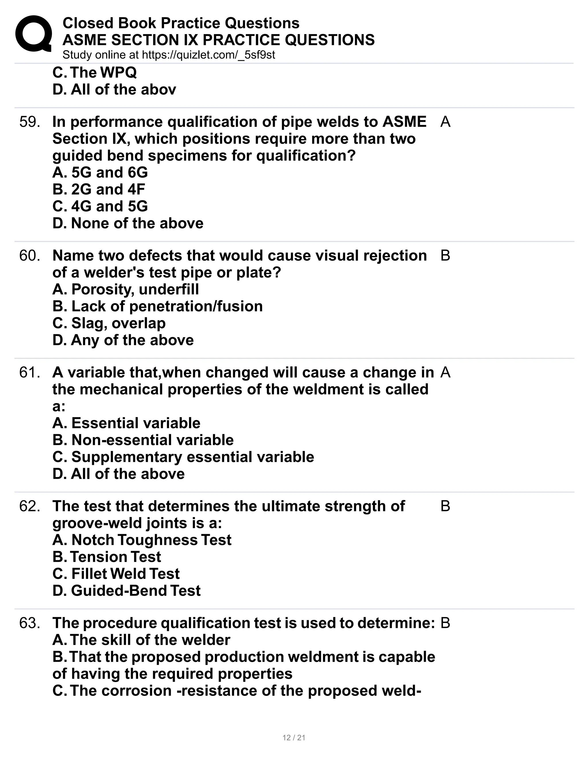 ASME IX_PRACTICE QUESTIONS_Closed Book question | PDF