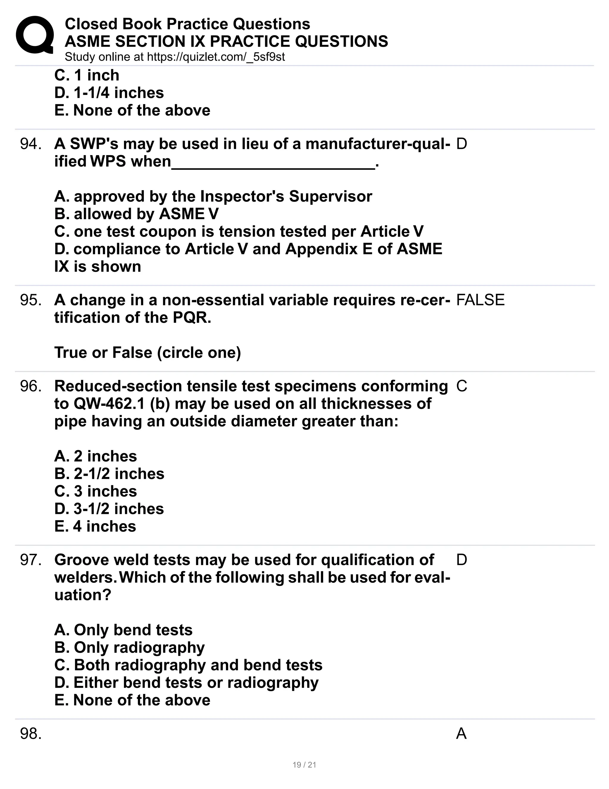 ASME IX_PRACTICE QUESTIONS_Closed Book question | PDF